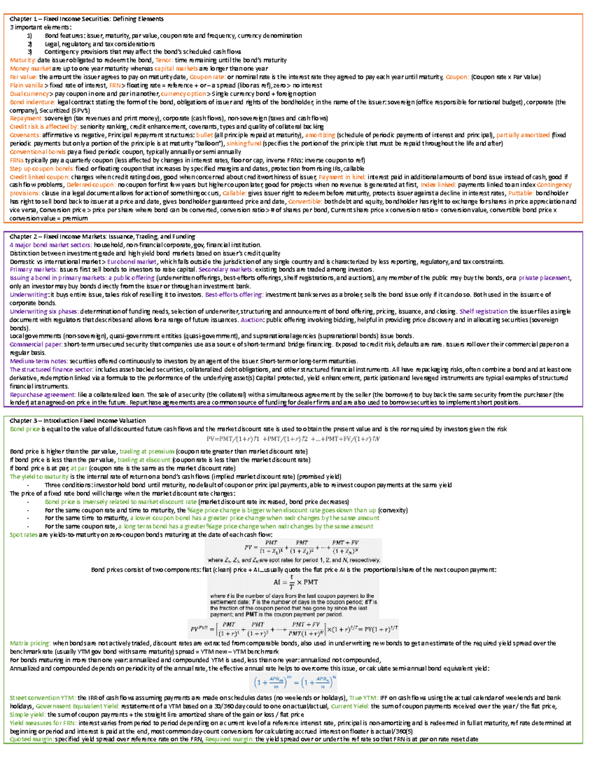 Cheat Sheet - Midterm - Chapter 1 – Fixed Income Securities: Defining ...