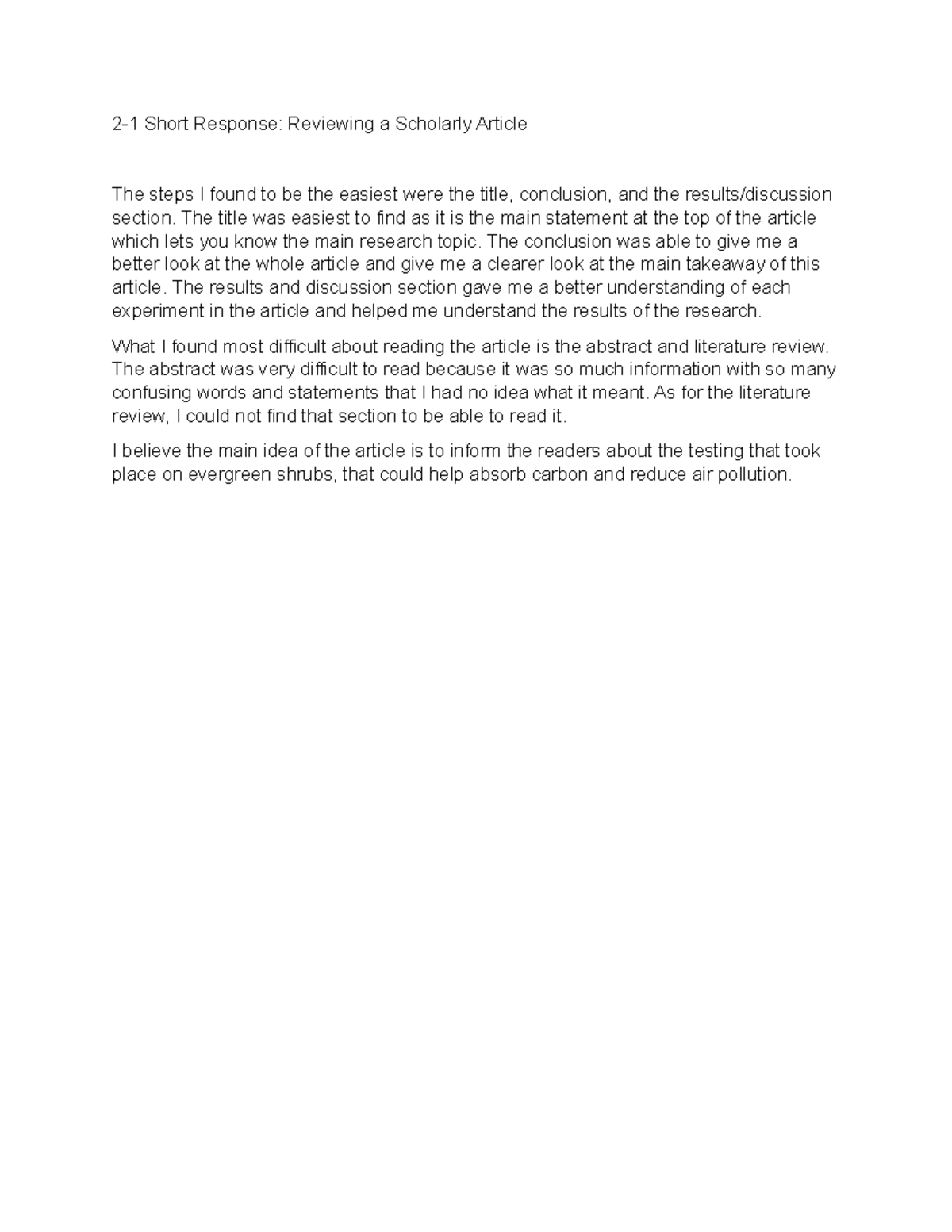 2-1 Short Response Reviewing a Scholarly Article - The title was ...