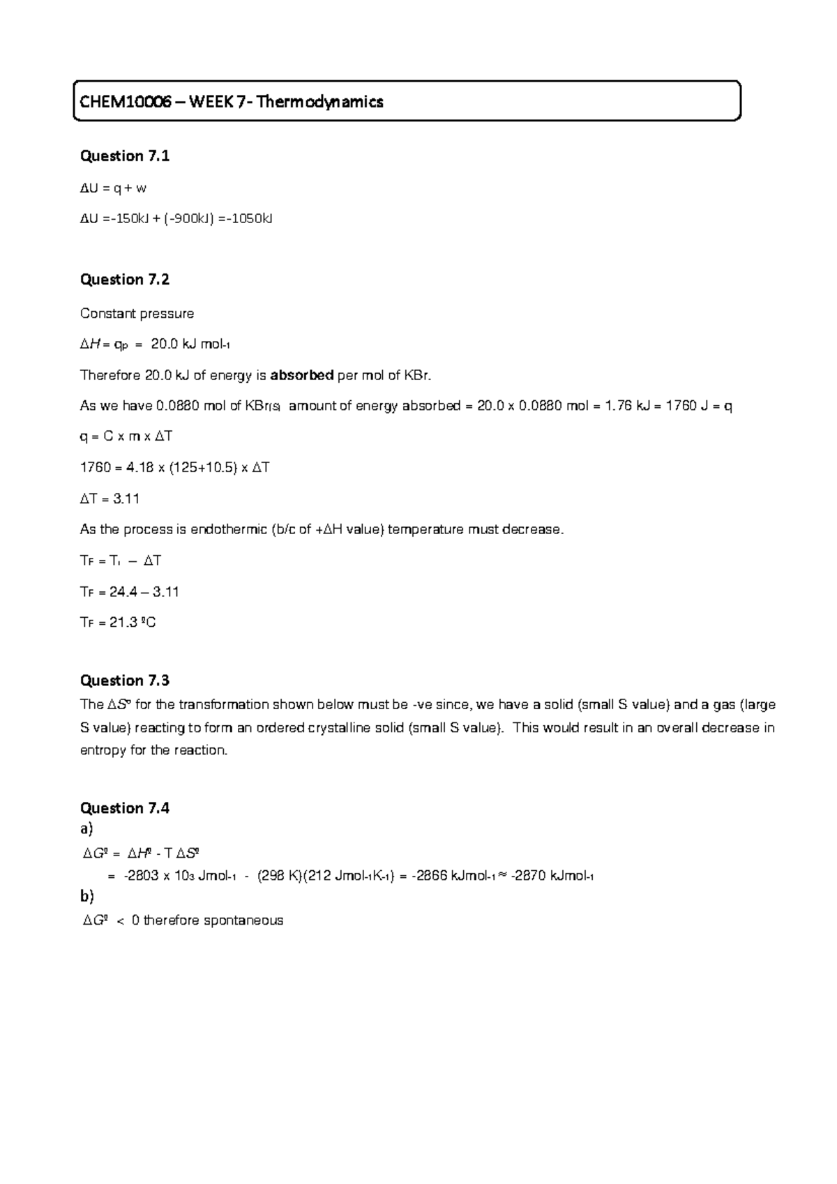 Week 7 Tutorial Solutions - CHEMϭϬϬϬς – WEEK ϳ - TheƌŵodyŶaŵics ...