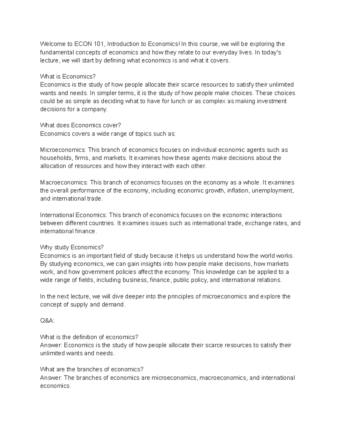 Lecture #1 Introduction to Economics - Welcome to ECON 101 ...