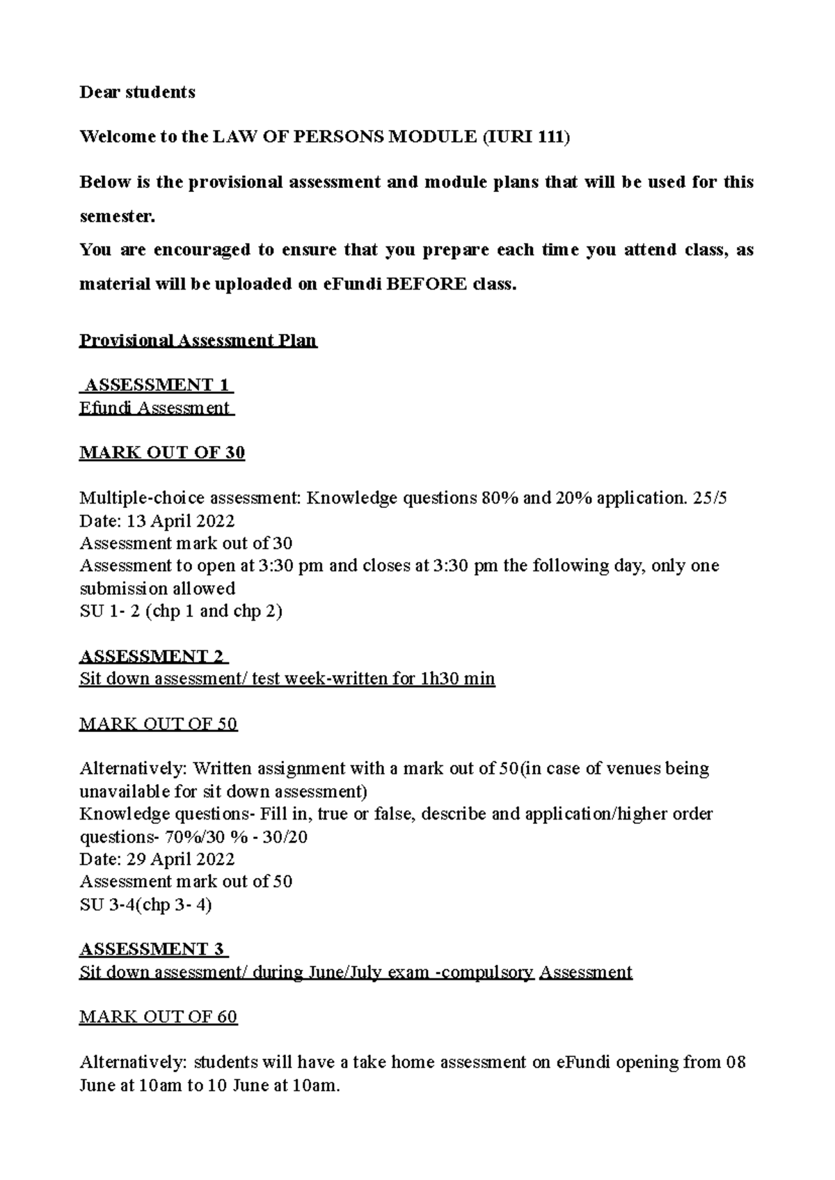 LEC NOTES IURI 9 - Dear students Welcome to the LAW OF PERSONS MODULE ...