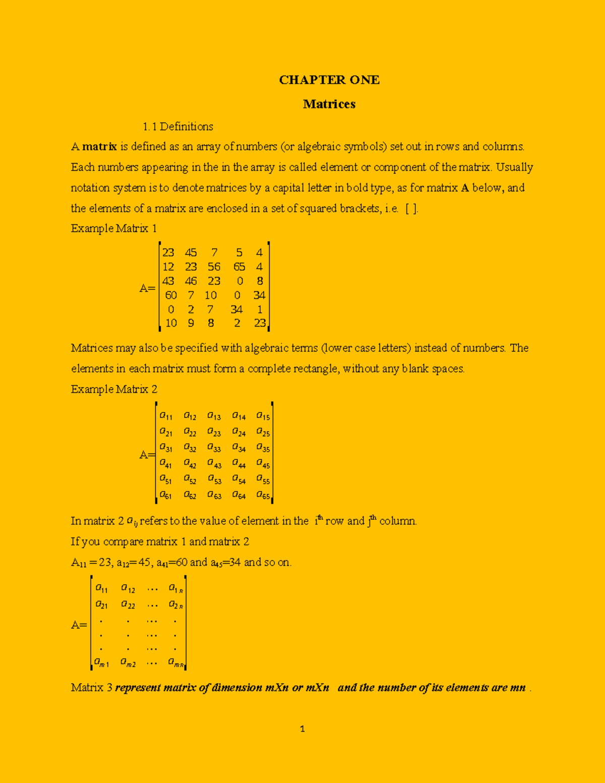 Hailu reg 2nd deg - NOTE - CHAPTER ONE Matrices 1 Definitions A matrix ...