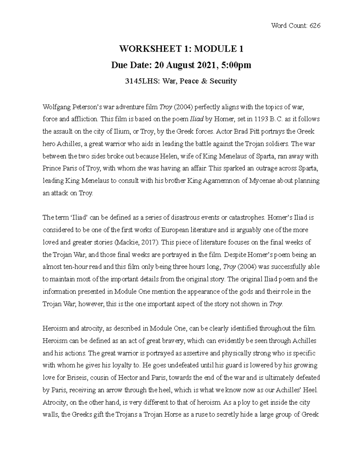 3145LHS Worksheet 1 on the movie Troy - 3145LHS - Griffith - Studocu