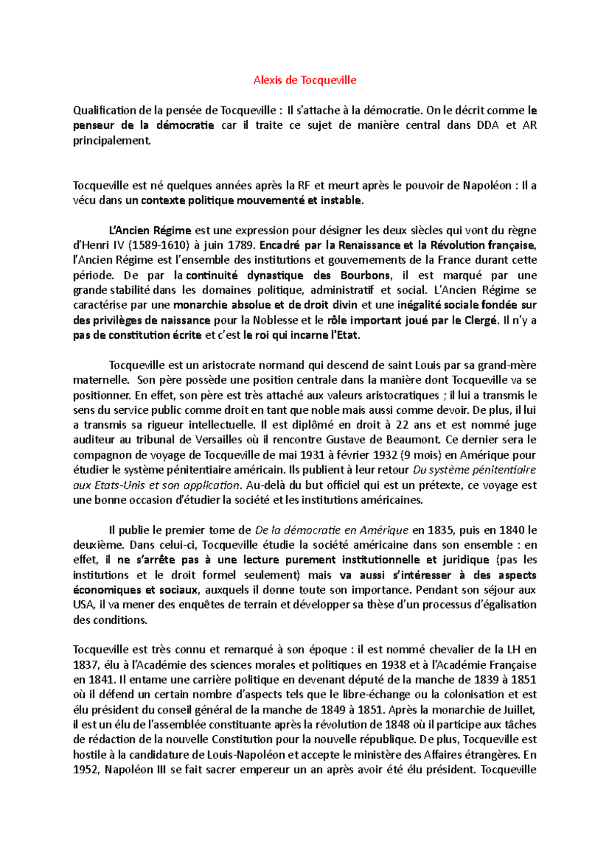 Alexis de Tocqueville- Coursss - Alexis de Tocqueville Qualification de ...