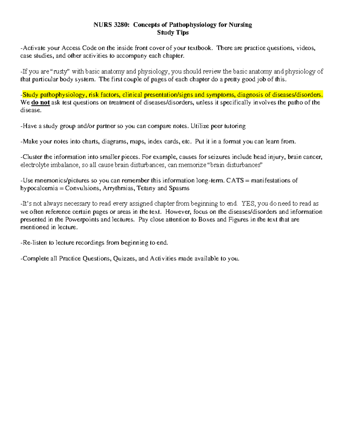 Patho Study Tips for Students - NURS 3280: Concepts of Pathophysiology ...