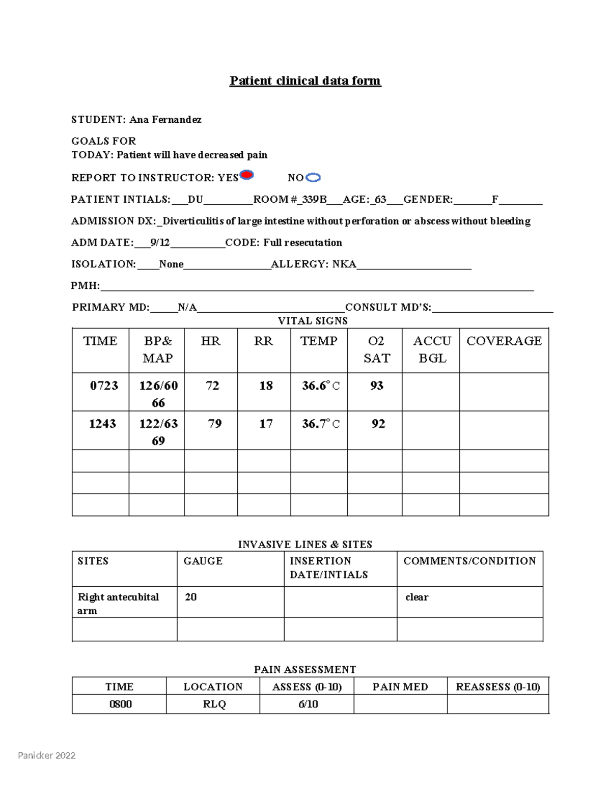 Patient profile - assignment - Patient clinical data form STUDENT: Ana ...