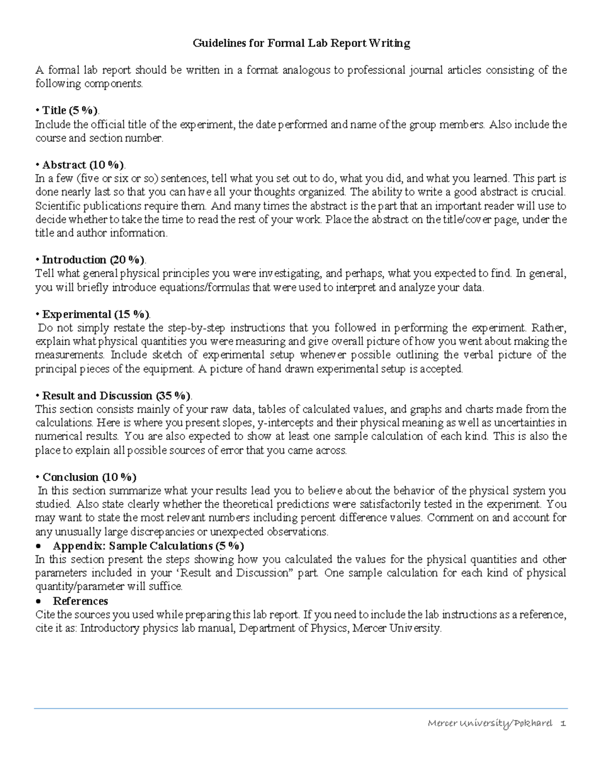 Guidelines for formal lab report - Mercer University/Pokharel 1 ...