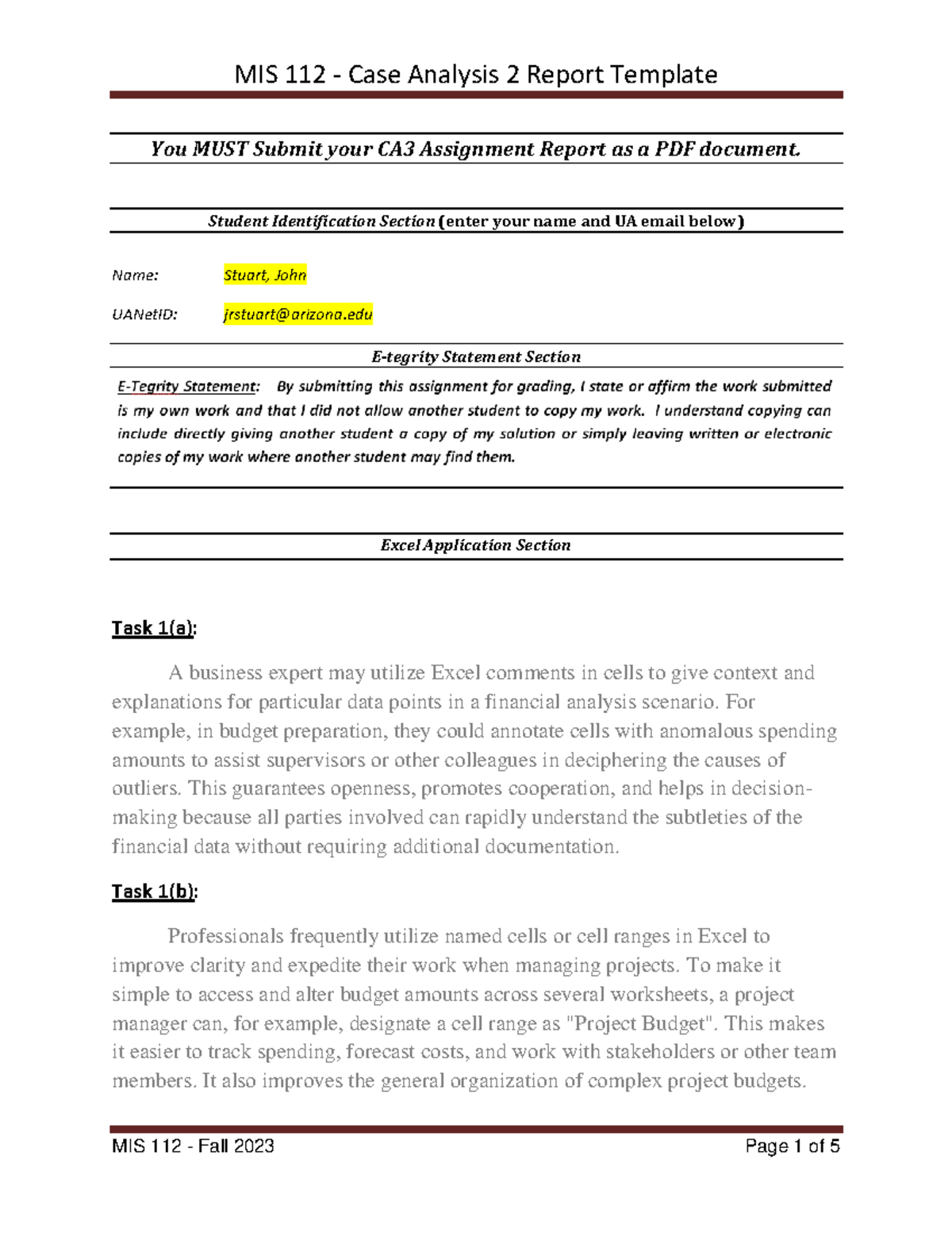 Case anaylsis final - You MUST Submit your CA3 Assignment Report as a PDF document. Student ...
