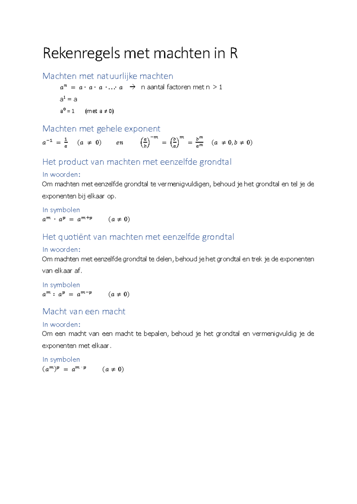 Samenvatting rekenregels met machten in R - Rekenregels met machten in ...