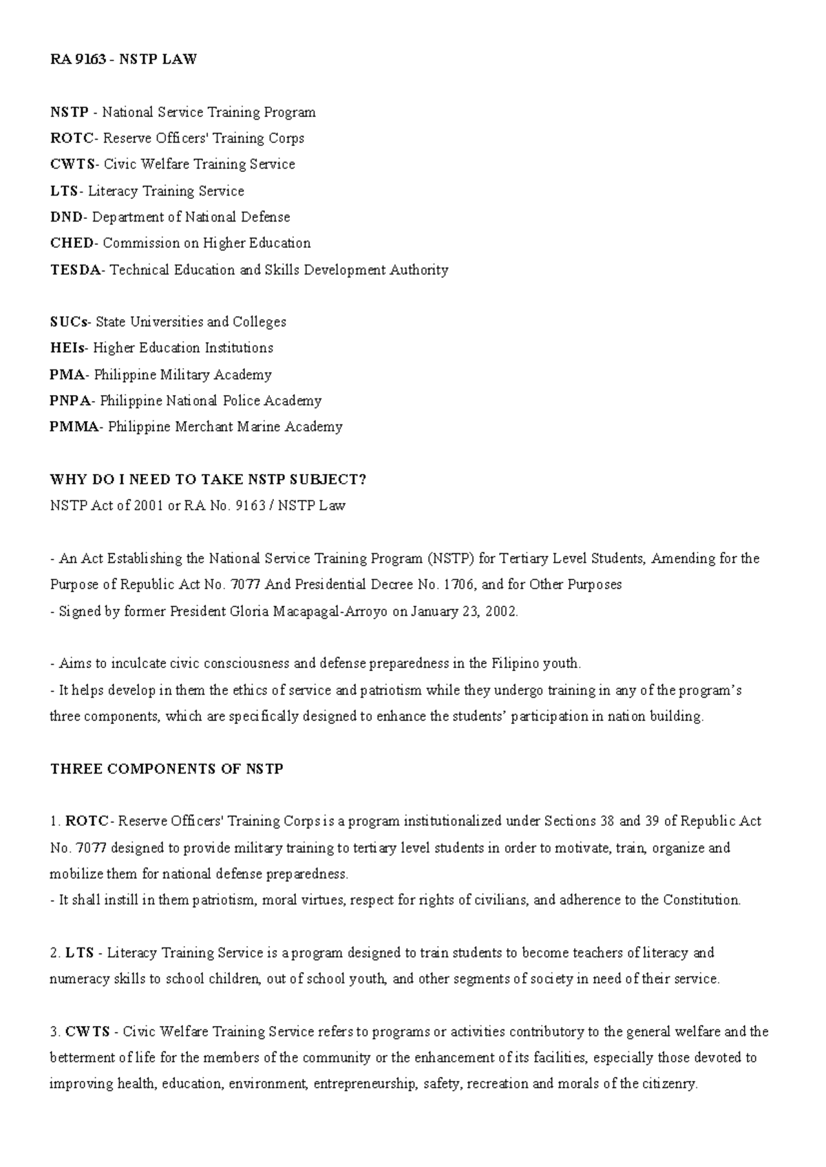 RA-9163 - READ WELL - RA 9163 - NSTP LAW NSTP - National Service ...