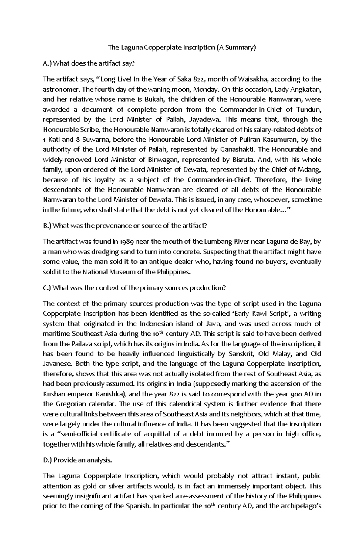 A Short Summary on the Laguna Copperplate Inscription - The Laguna ...