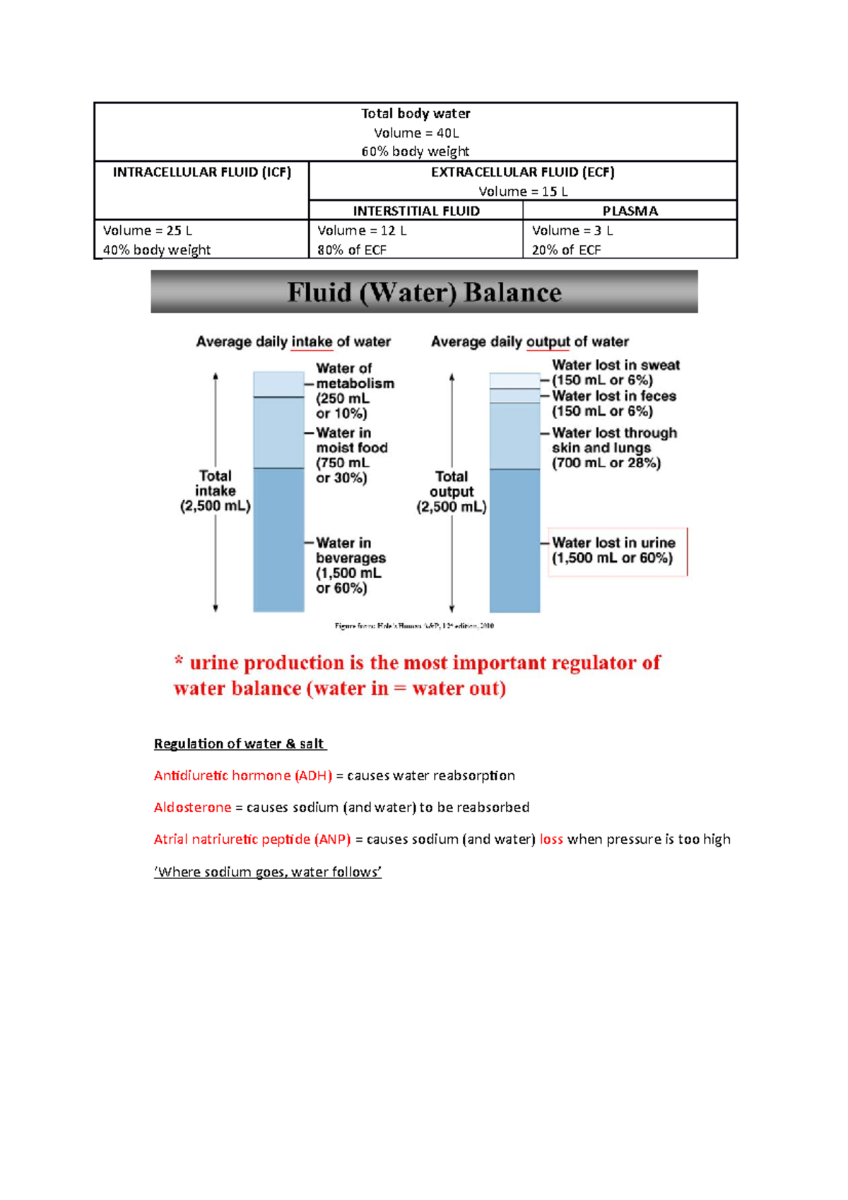 CHP 6 BIO310 NGEH - Lecture notes 6 - Total body water Volume = 40L 60% ...