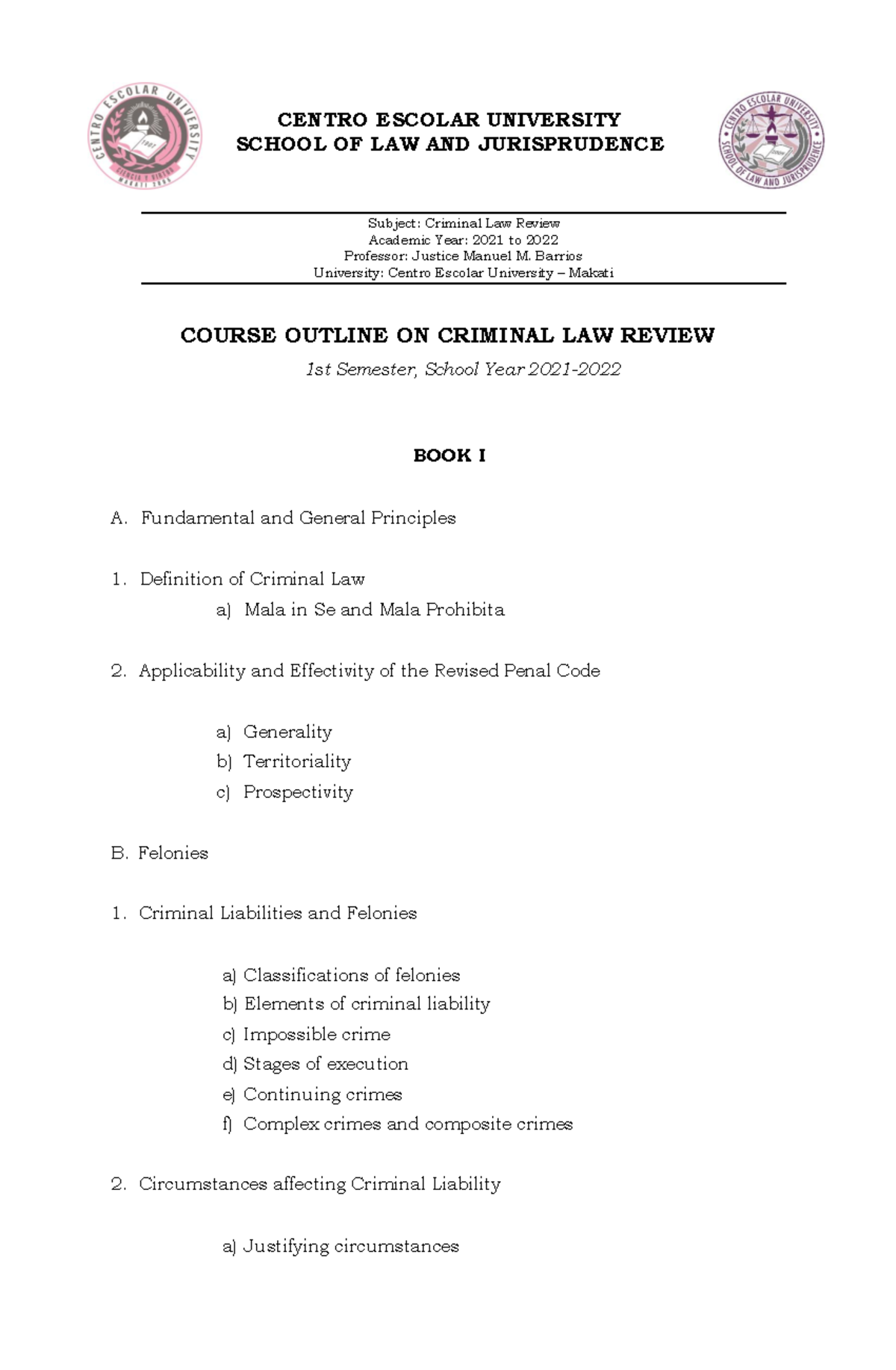 Study Guide - Criminal Law Review - Doctor of Jurisprudence - Studocu