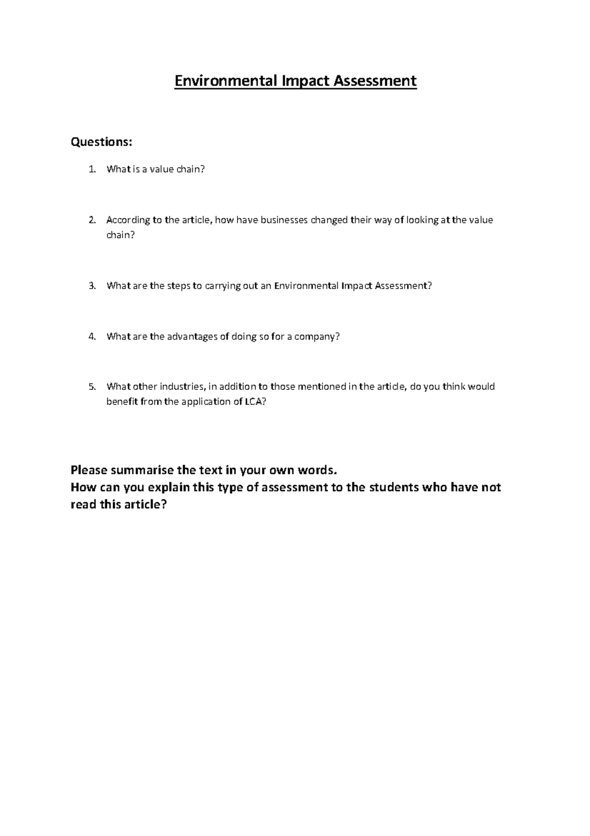 Environmental Impact Assessment - Worksheet - Environmental Impact ...