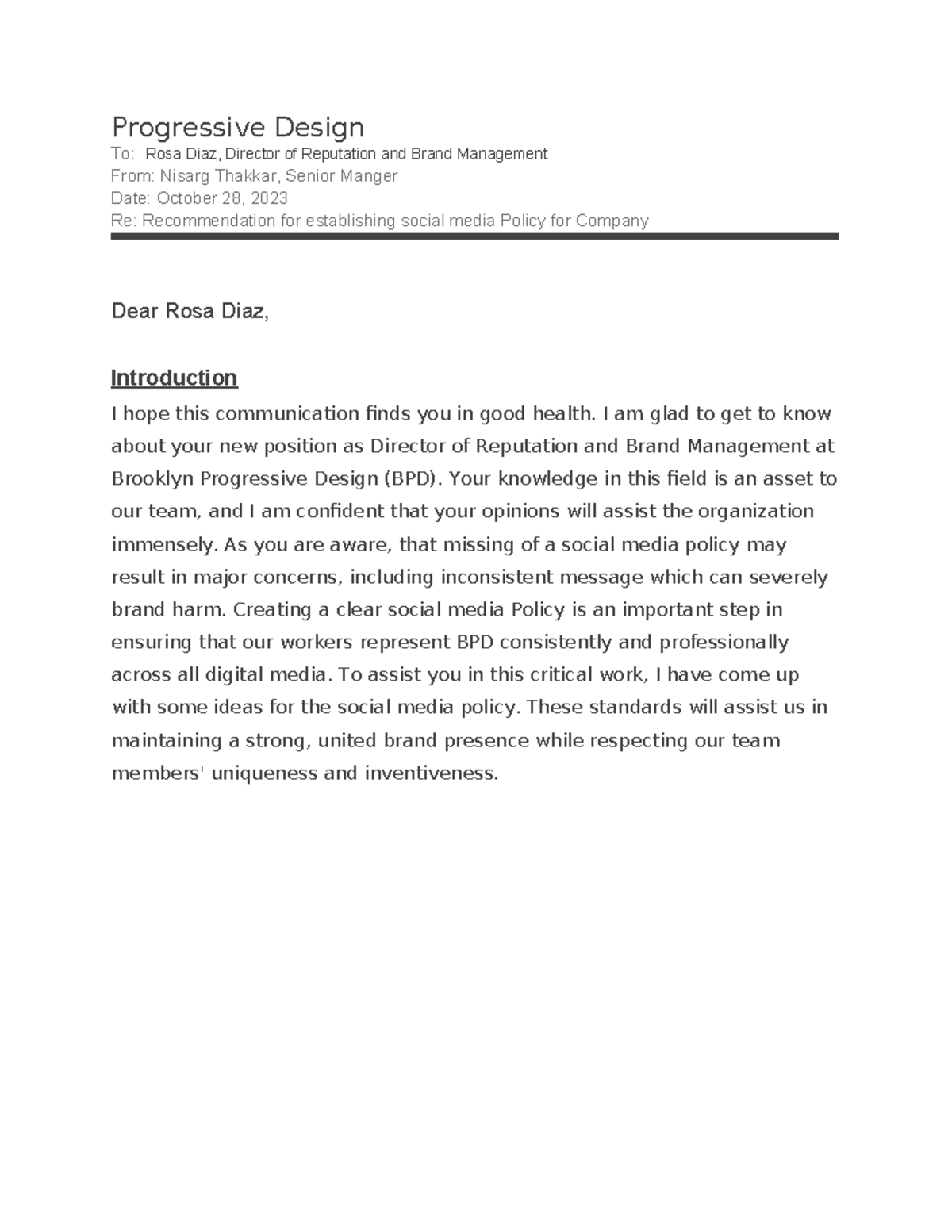 Social Media Case Study Template - Progressive Design To: Rosa Diaz ...