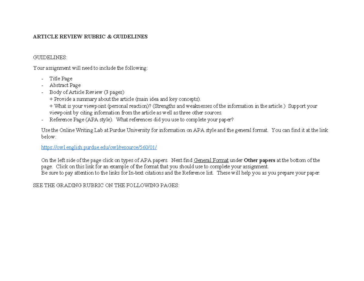 Article Review Rubric(1) - ARTICLE REVIEW RUBRIC & GUIDELINES ...