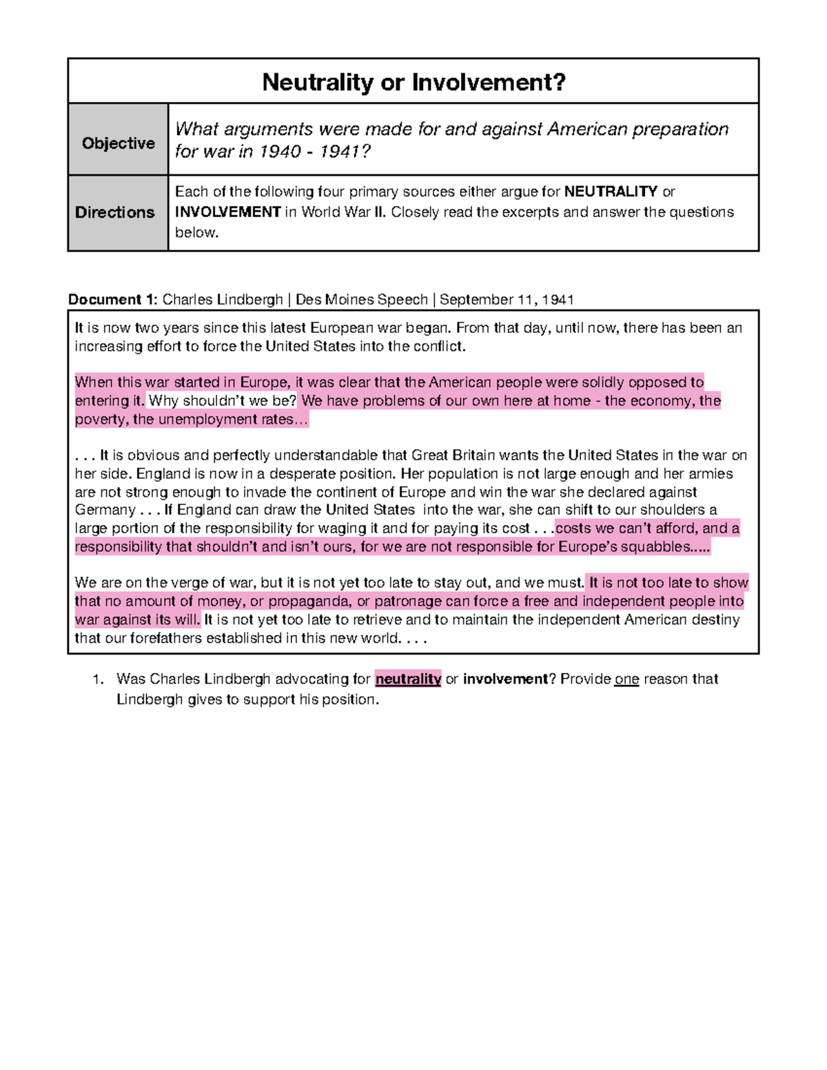 Copy of Copy of Unit 8 Close Read Neutrality Involvement 2 - Neutrality ...