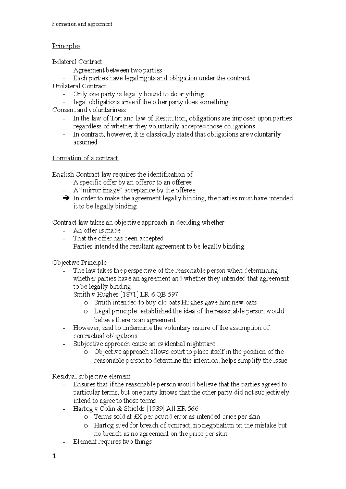 Formations and agreement - Principles Bilateral Contract - Agreement ...