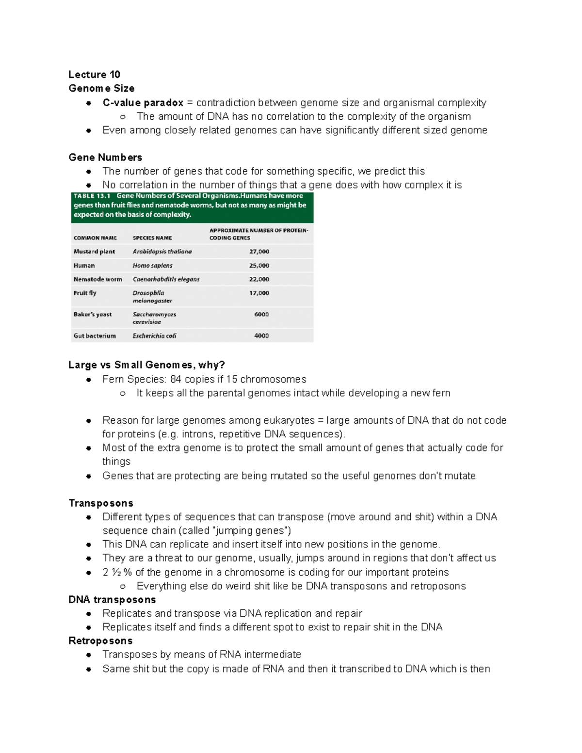 Bio Lec. 10 - Lecture notes 10 - Lecture 10 Genome Size C-value paradox ...