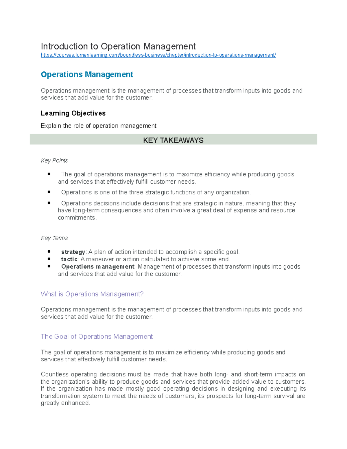Introduction to Operation Management - Organization and Management ...