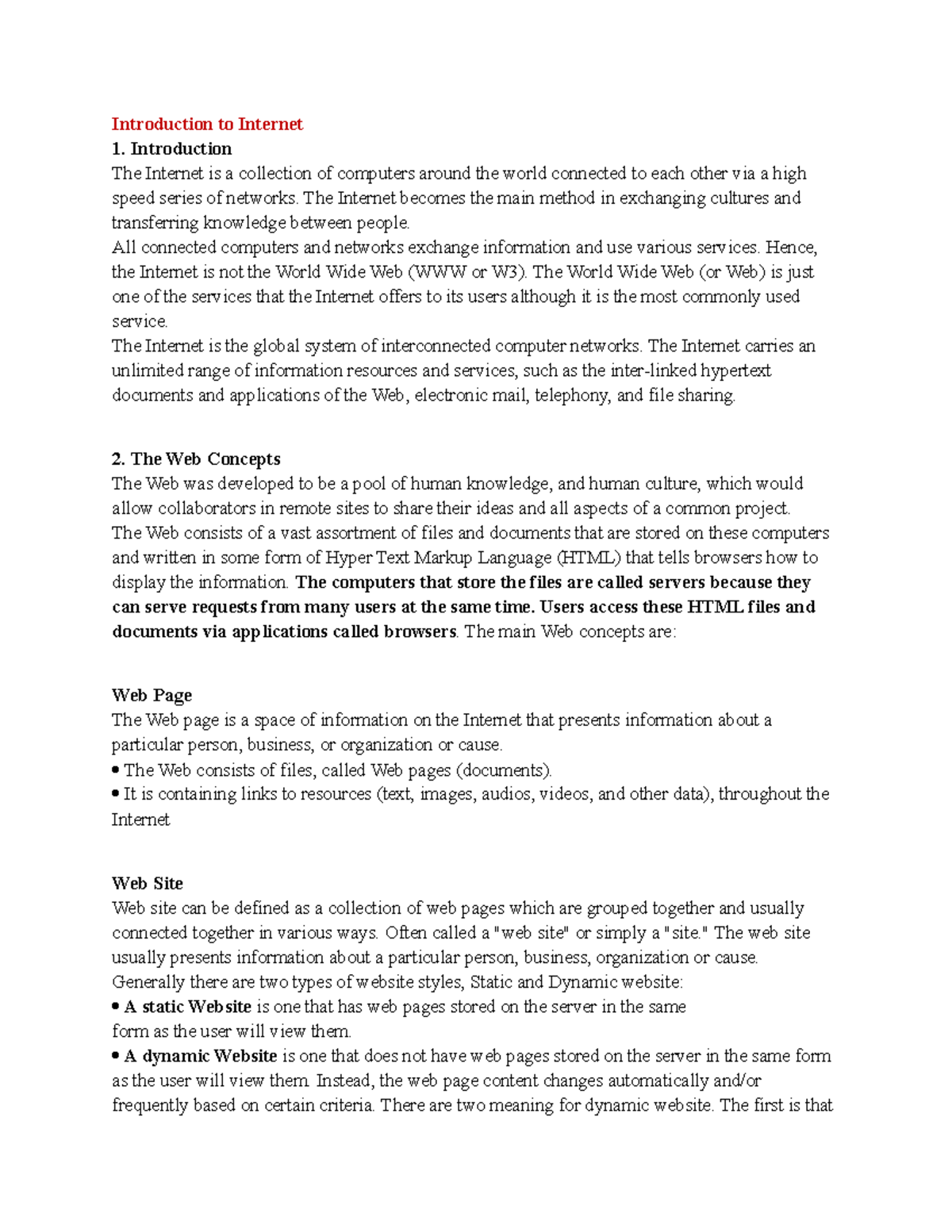 Web notes and Internet - Introduction to Internet Introduction The ...