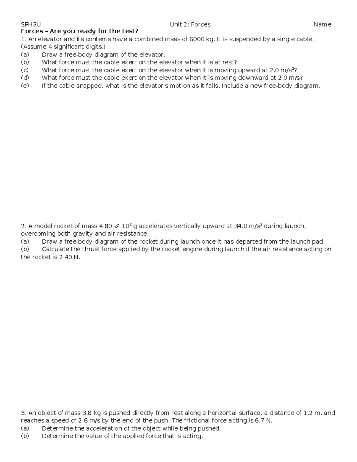 Forces - are you ready for the test - SPH3U Unit 2: Forces Name: Forces ...