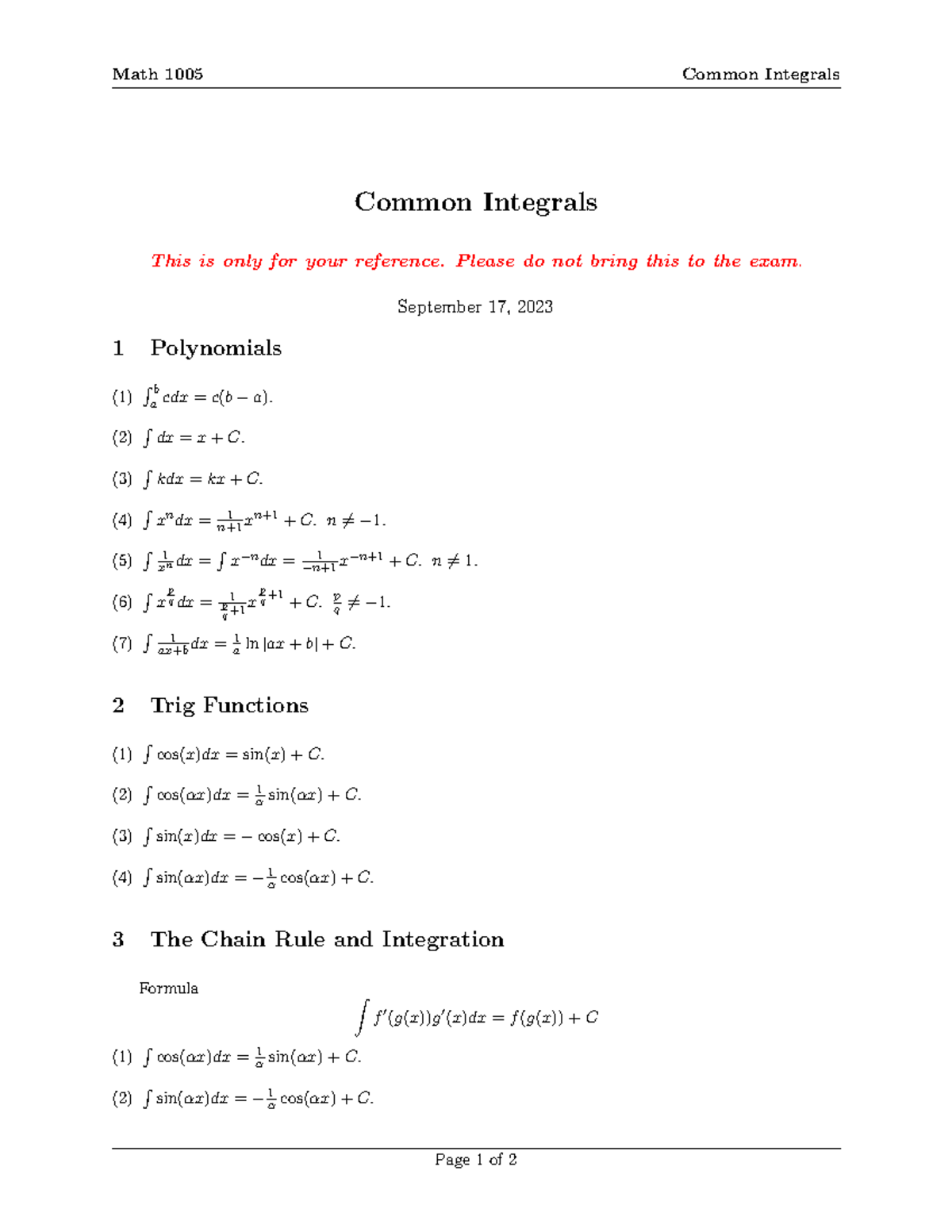 Common integrals - Math 1005 Common Integrals Common Integrals This is only for your reference ...