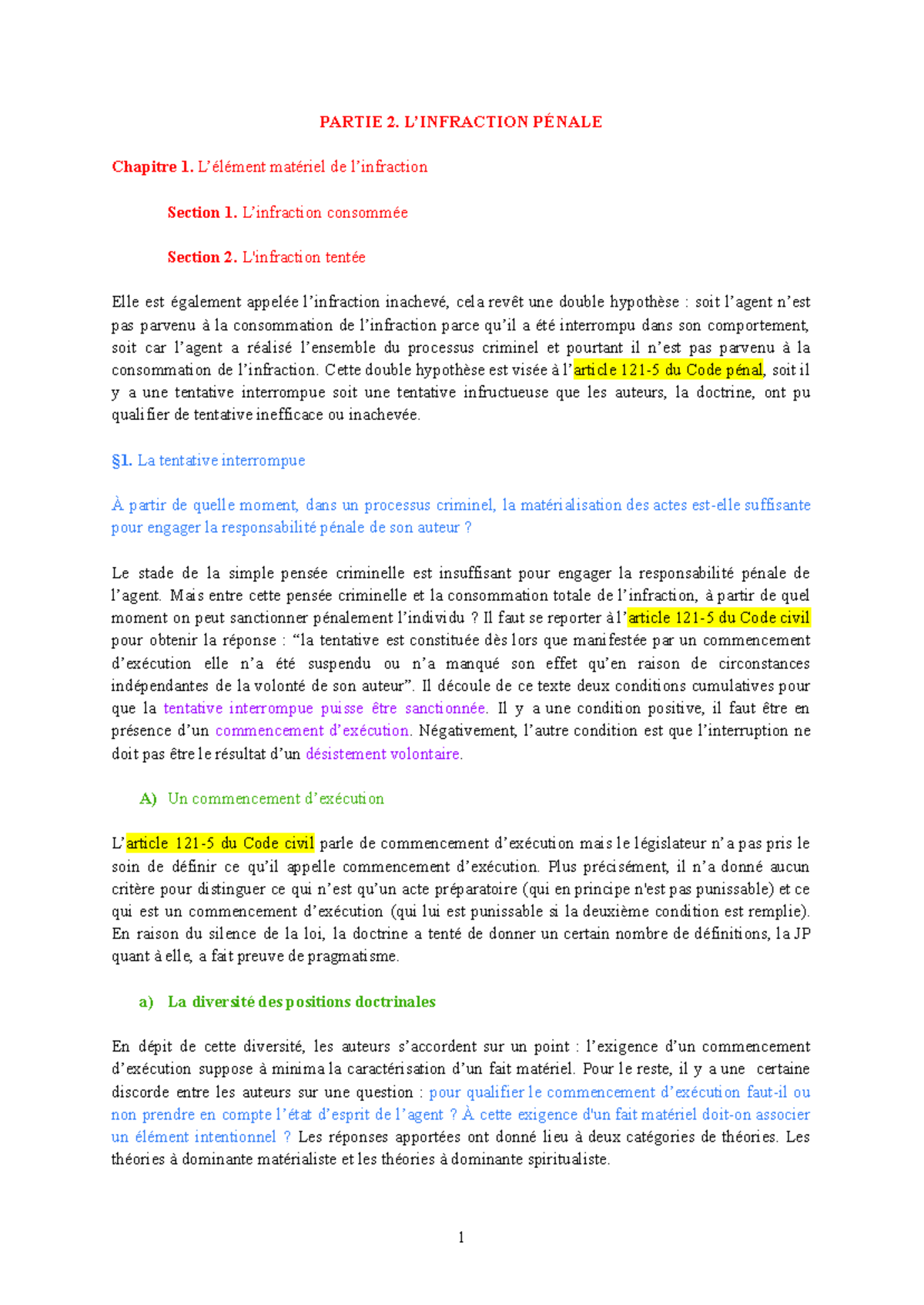 Cours CM - PARTIE 2. L’INFRACTION PÉNALE Chapitre 1. L’élément matériel ...