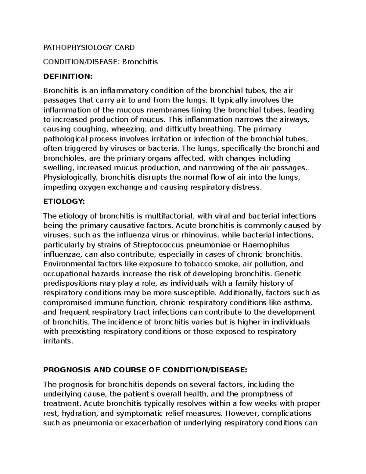 Bronchitis pathophysiology - PATHOPHYSIOLOGY CARD CONDITION/DISEASE ...