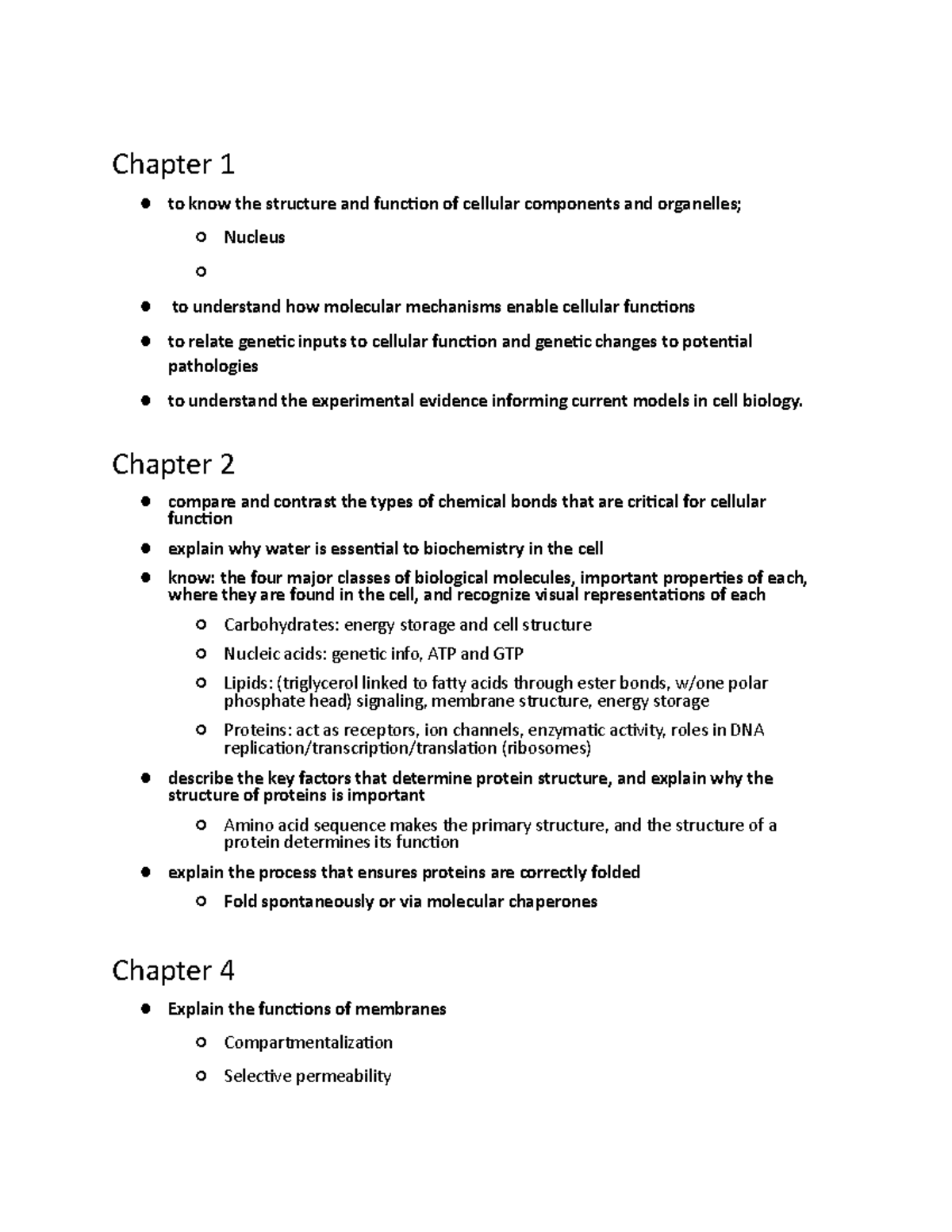 Cell Learning Objectives - Chapter 1 to know the structure and function ...