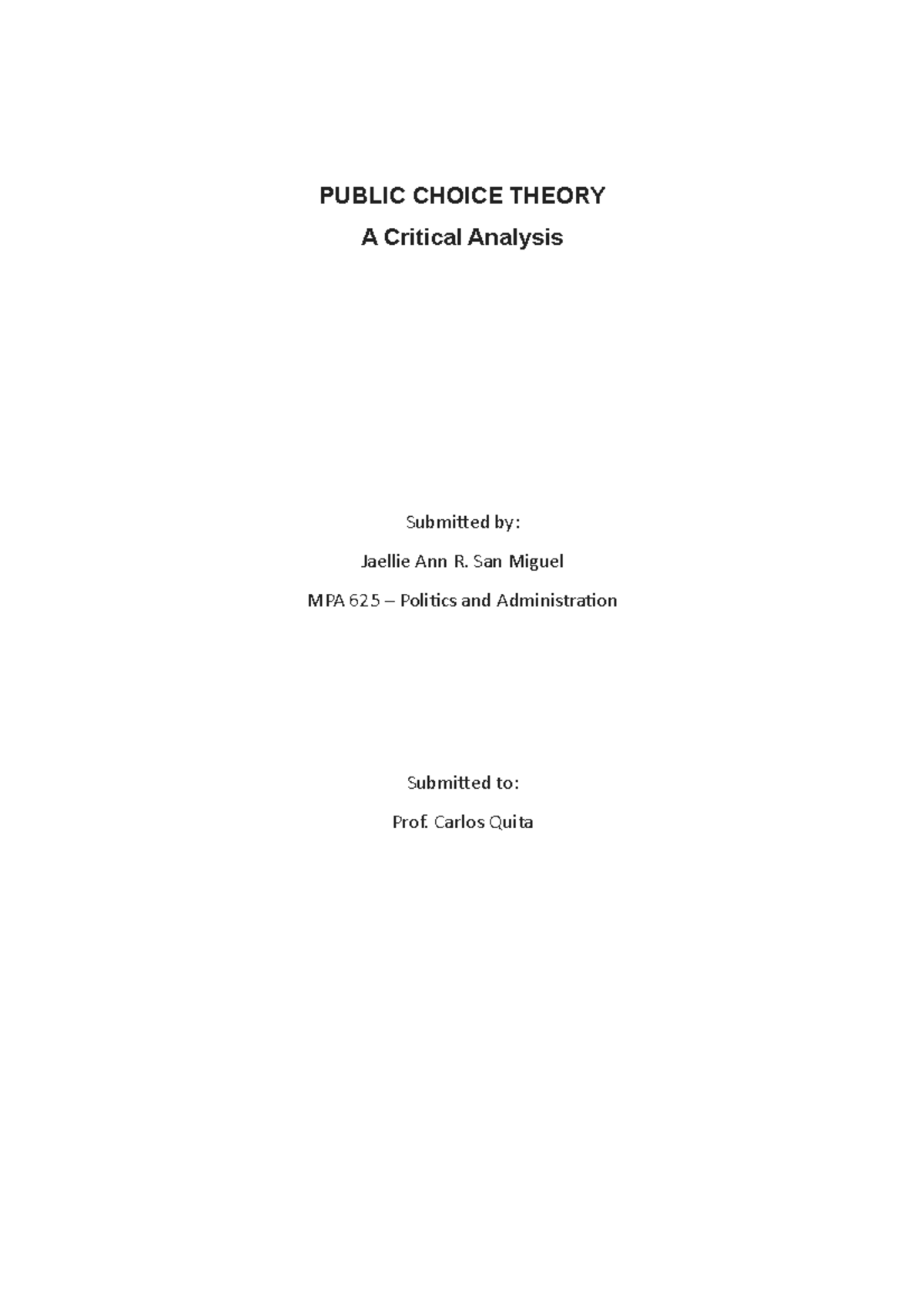 Critical Analysis to Public Choice Theory - PUBLIC CHOICE THEORY A ...
