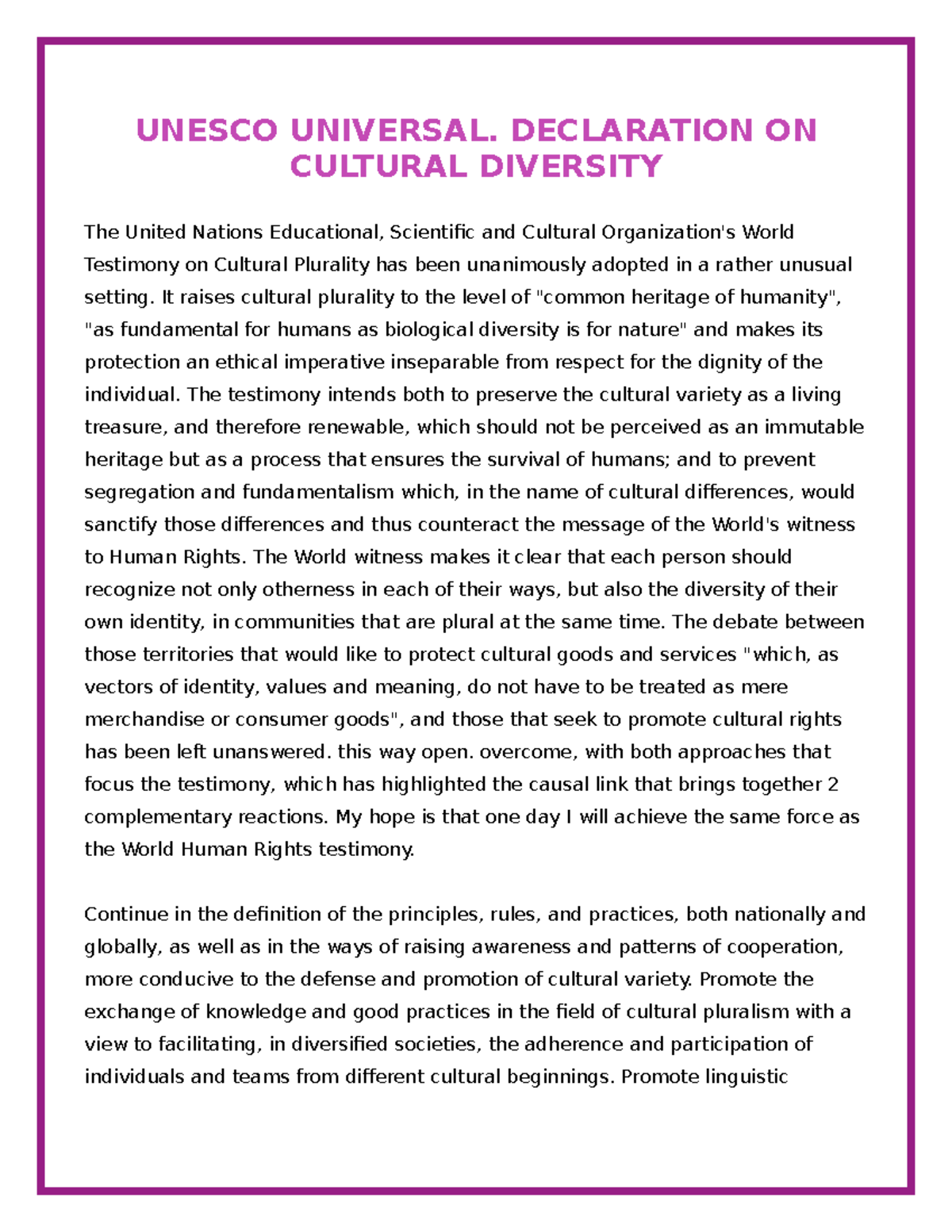 Topic 8 - EJERCICIO OBLIGATORIO - UNESCO UNIVERSAL. DECLARATION ON ...