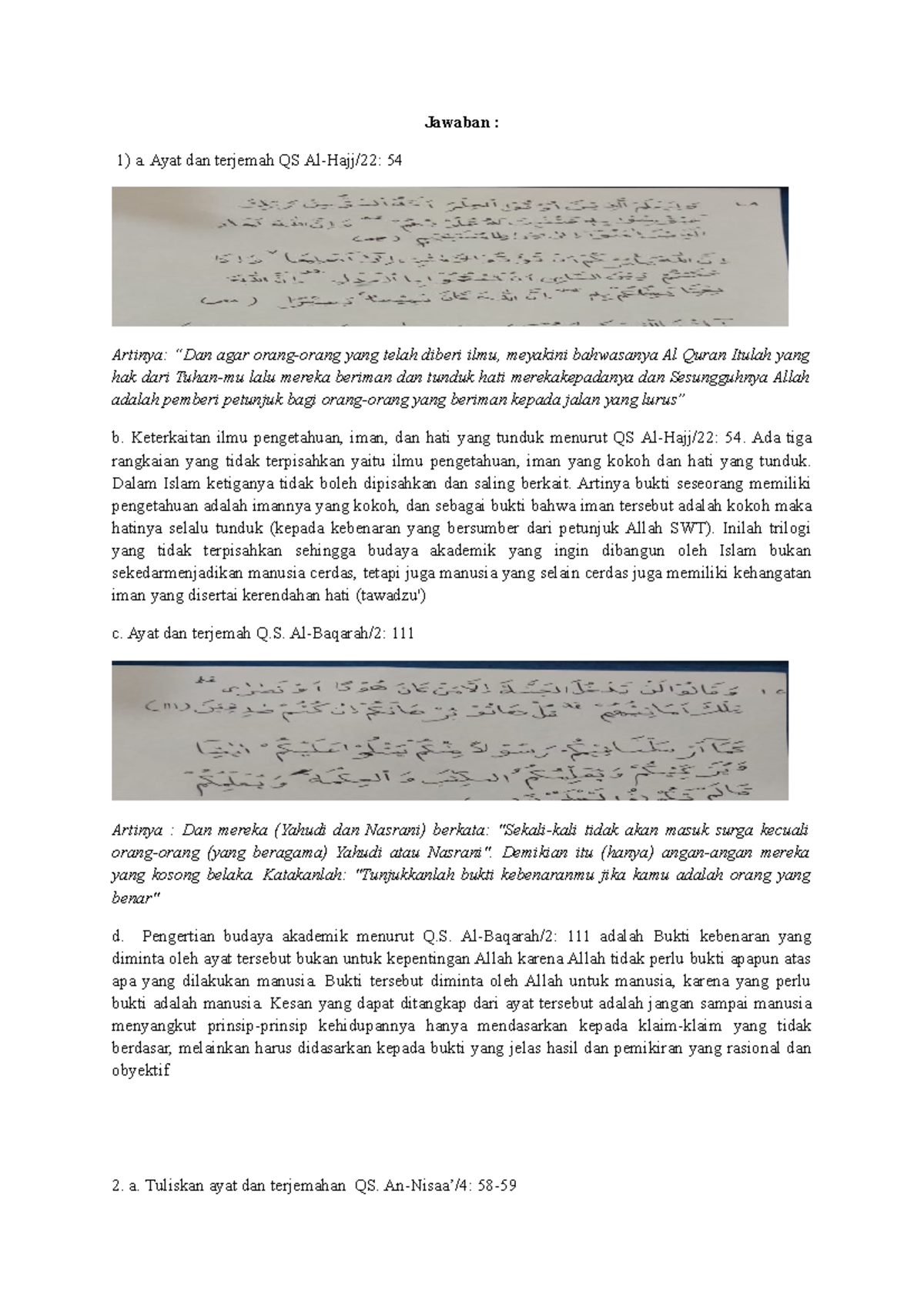 Tugas 3 PAI - Jawaban : a. Ayat dan terjemah QS Al-Hajj/22: 54 Artinya ...
