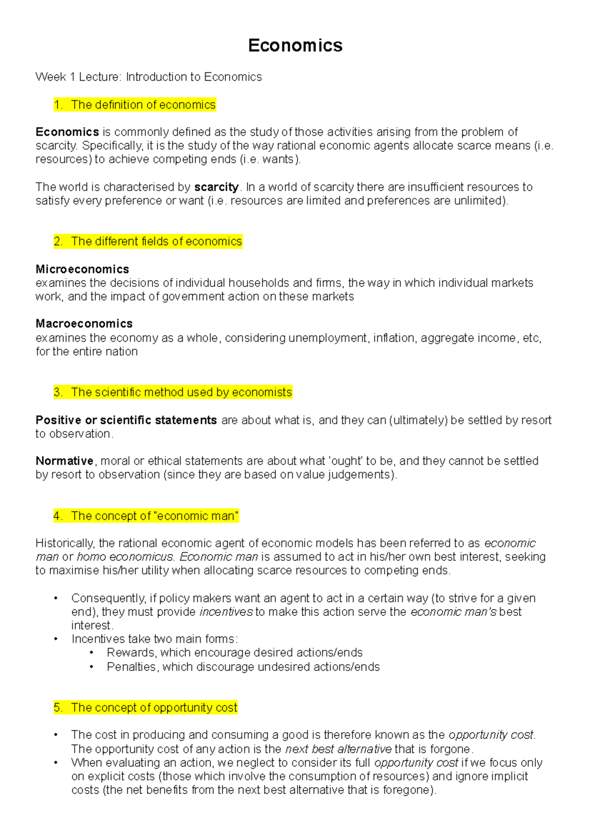 Economics Course Notes - Week 1 Lecture: Introduction to Economics 1 ...