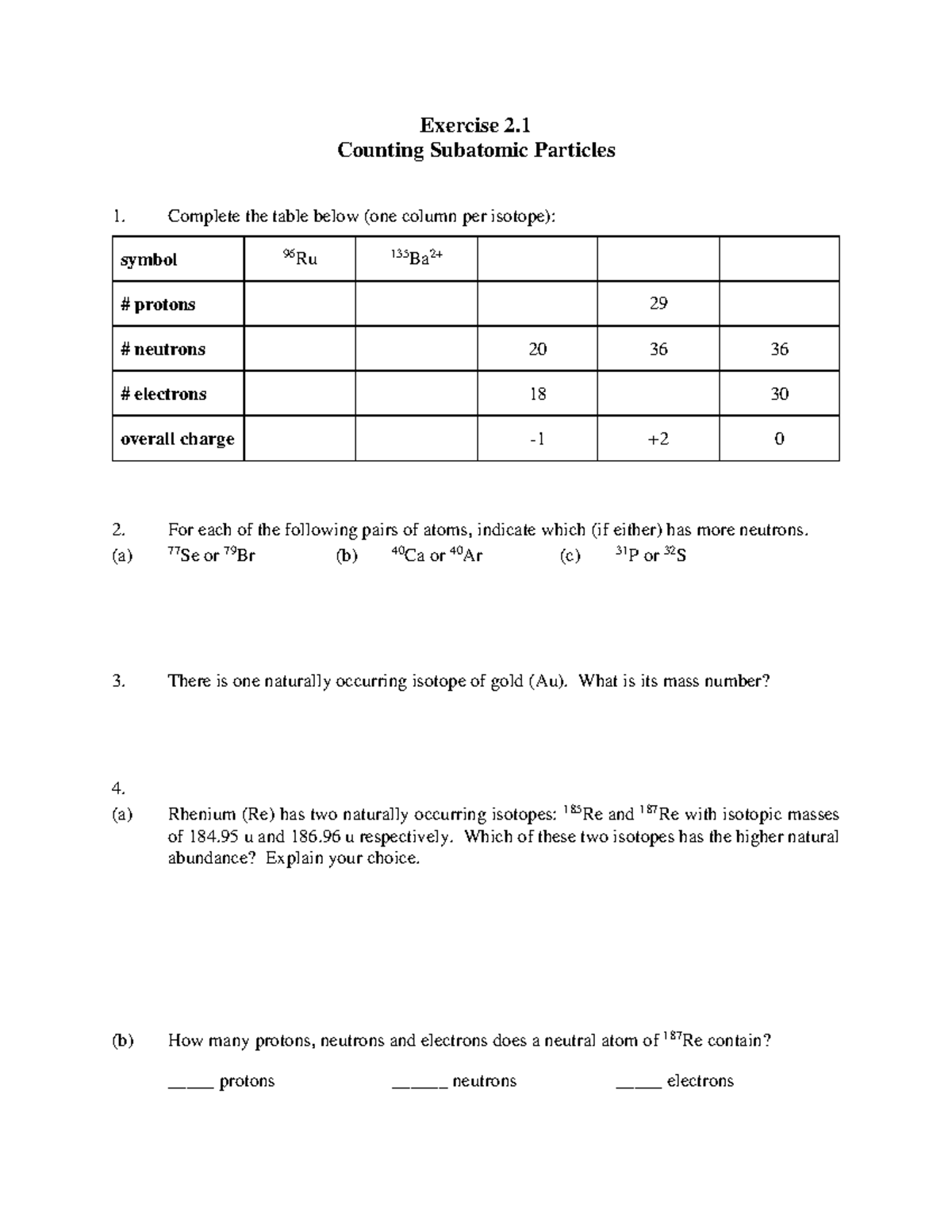 Chem1000 exercise 2 - Chem - Exercise 2. Counting Subatomic Particles ...