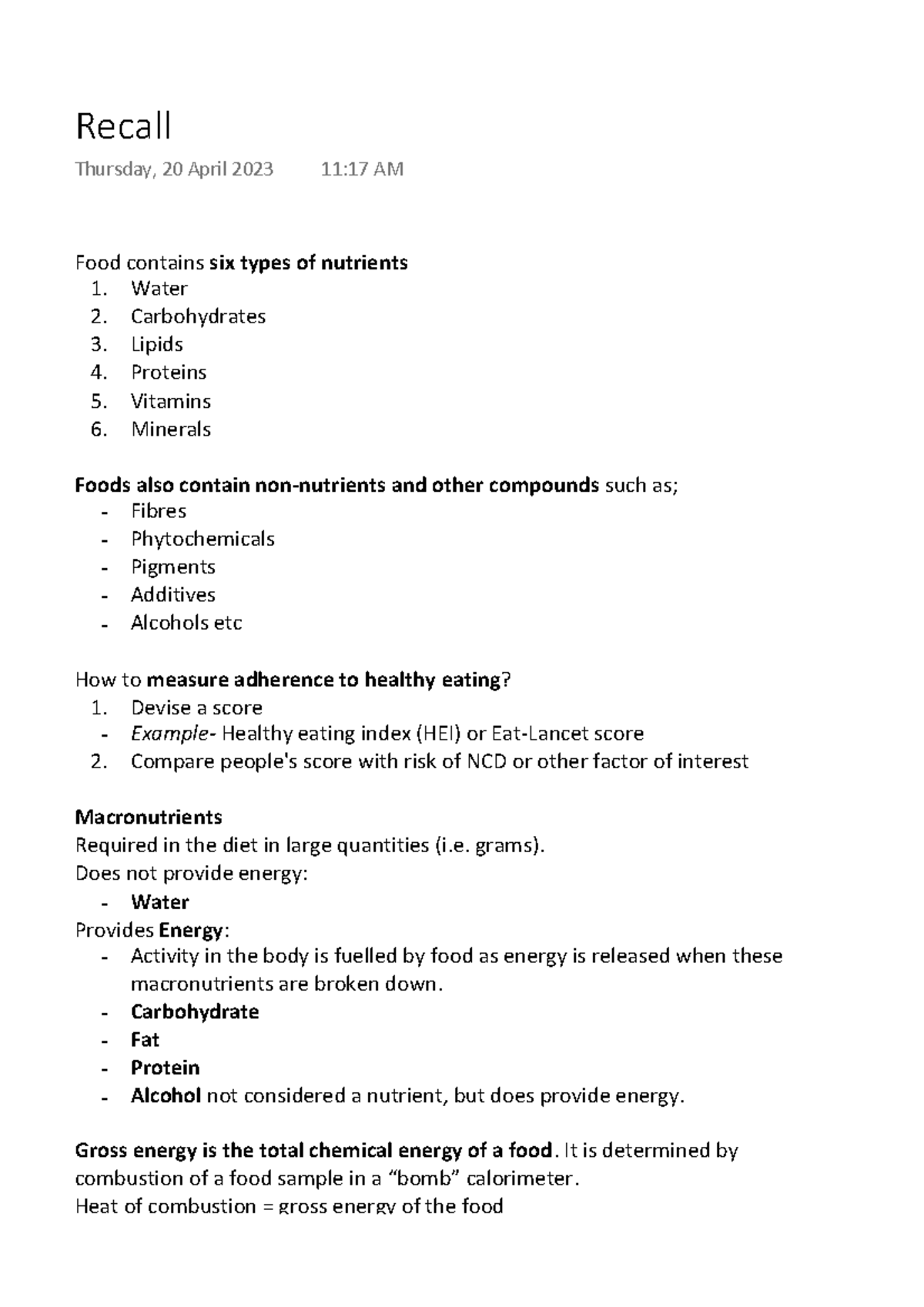 Recall - Food contains six types of nutrients Water Carbohydrates ...
