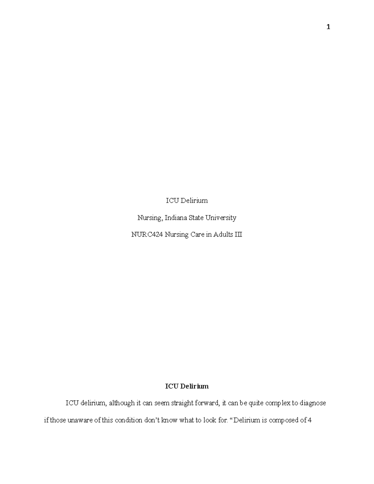 ICU Delirium Paper NURC424 - ICU Delirium Nursing, Indiana State ...