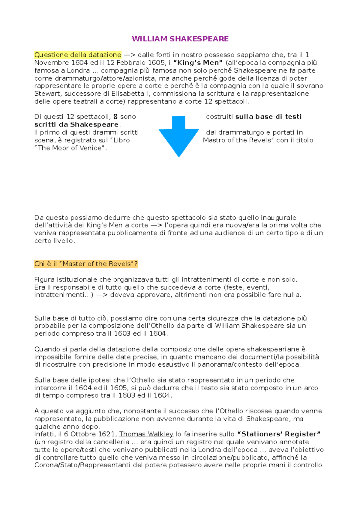 Shakespeare - WILLIAM SHAKESPEARE Questione della datazione —> dalle ...