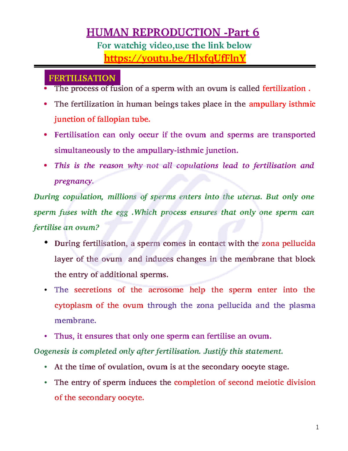 Fertilization notes - HUMAN REPRODUCTION -Part 6 For watchig video,use ...