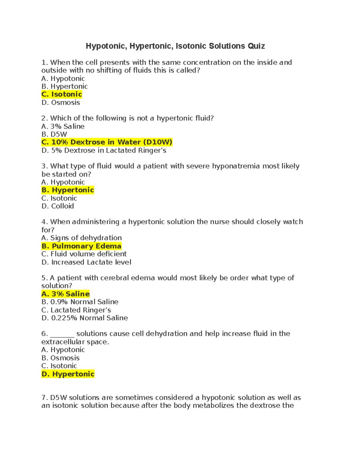 Hypotonic, Hypertonic, Isotonic Solutions Quiz - Hypotonic B ...