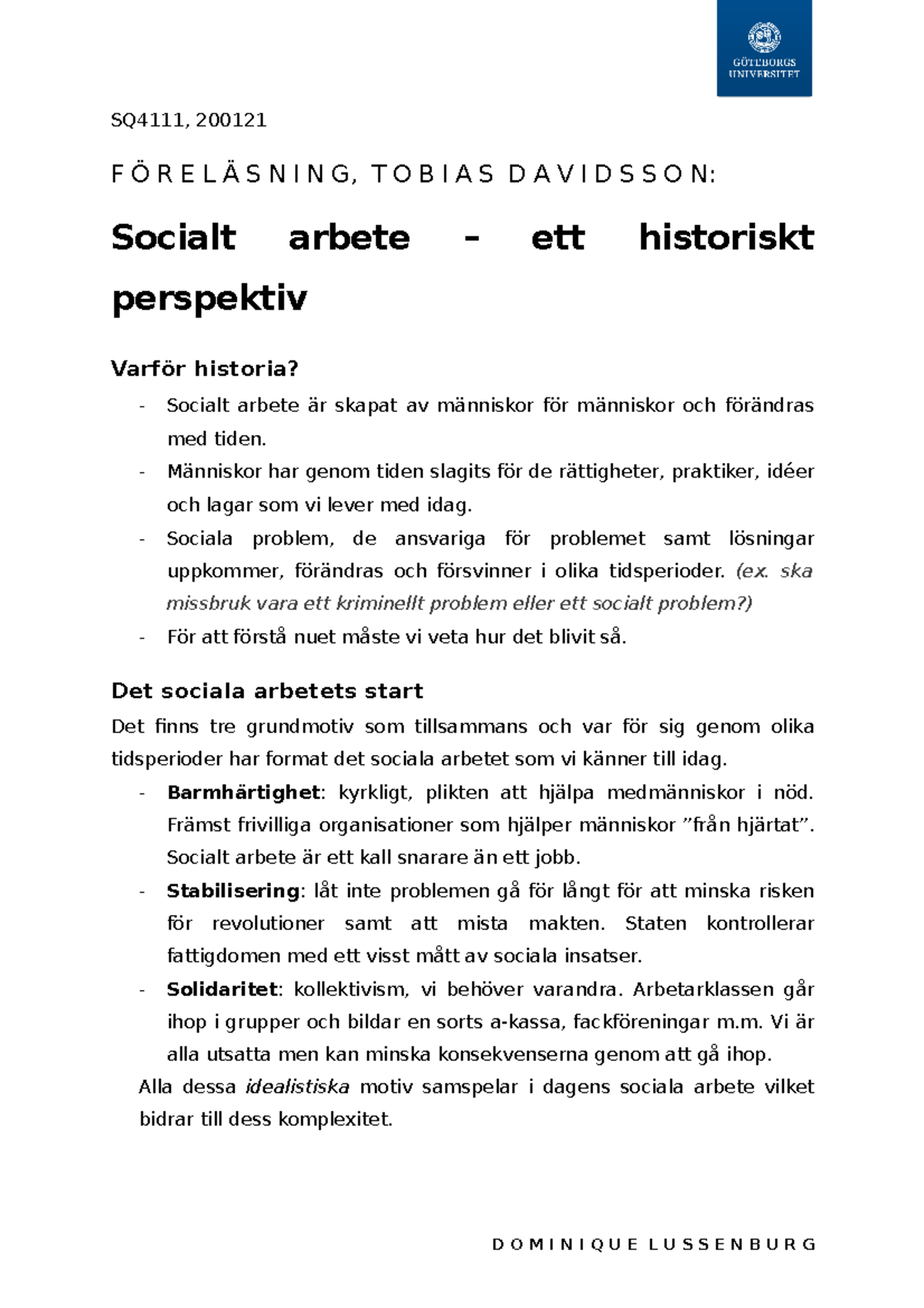 1 - Socialt arbete - ett historiskt perspektiv - SQ4111, 200121 F Ö R E ...