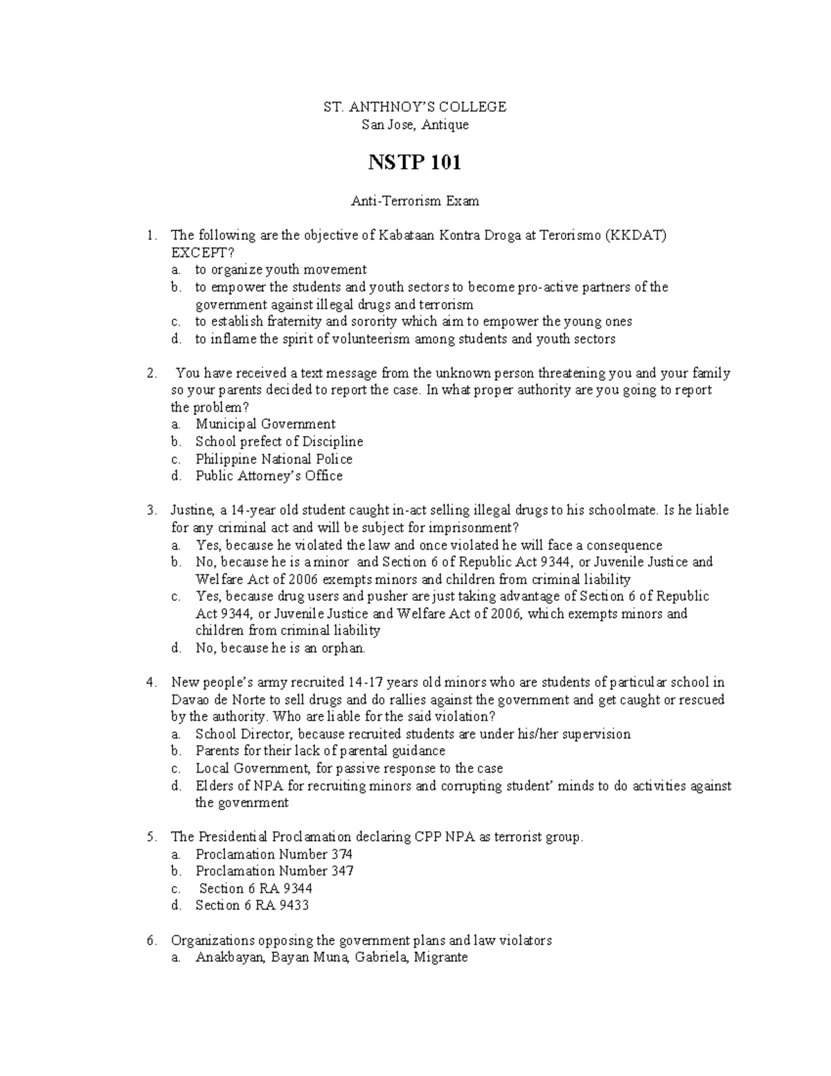 ANTI- Terrorism-EXAM - ST. ANTHNOY’S COLLEGE San Jose, Antique NSTP 101 ...