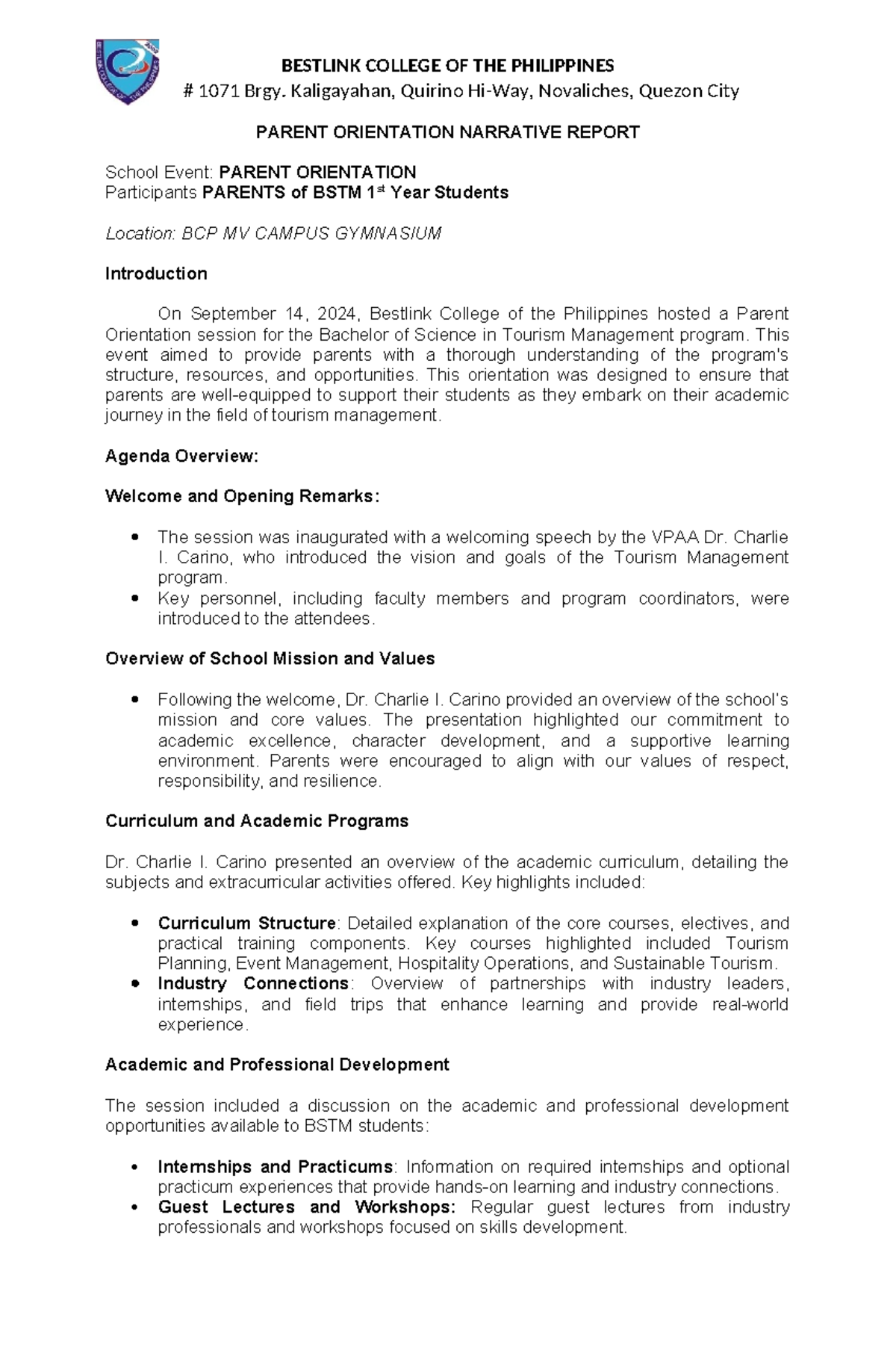 Parent Orientation 04 05 Narrative Report - # 1071 Brgy. Kaligayahan ...