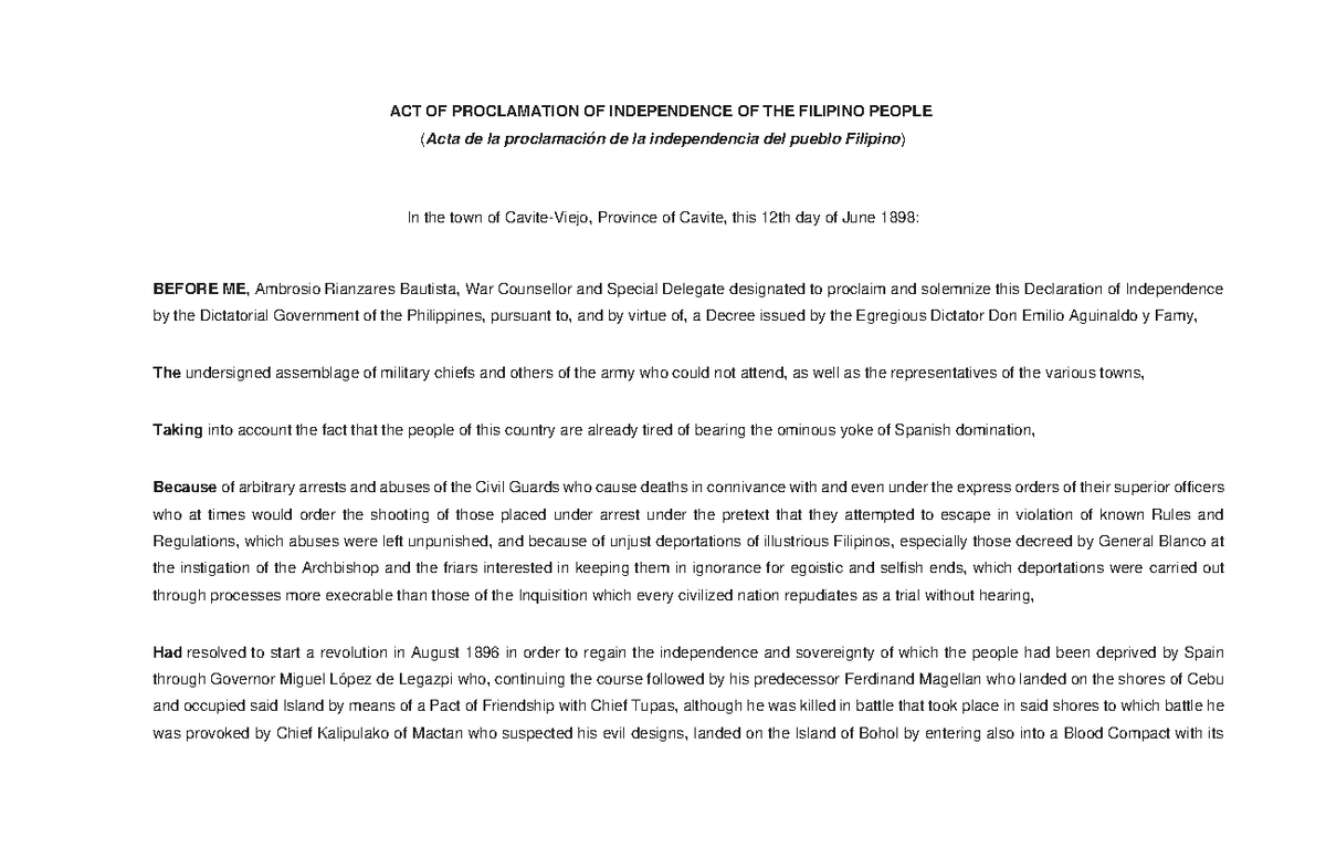 ACT OF Proclamation OF Independence OF THE Filipino People converted ...