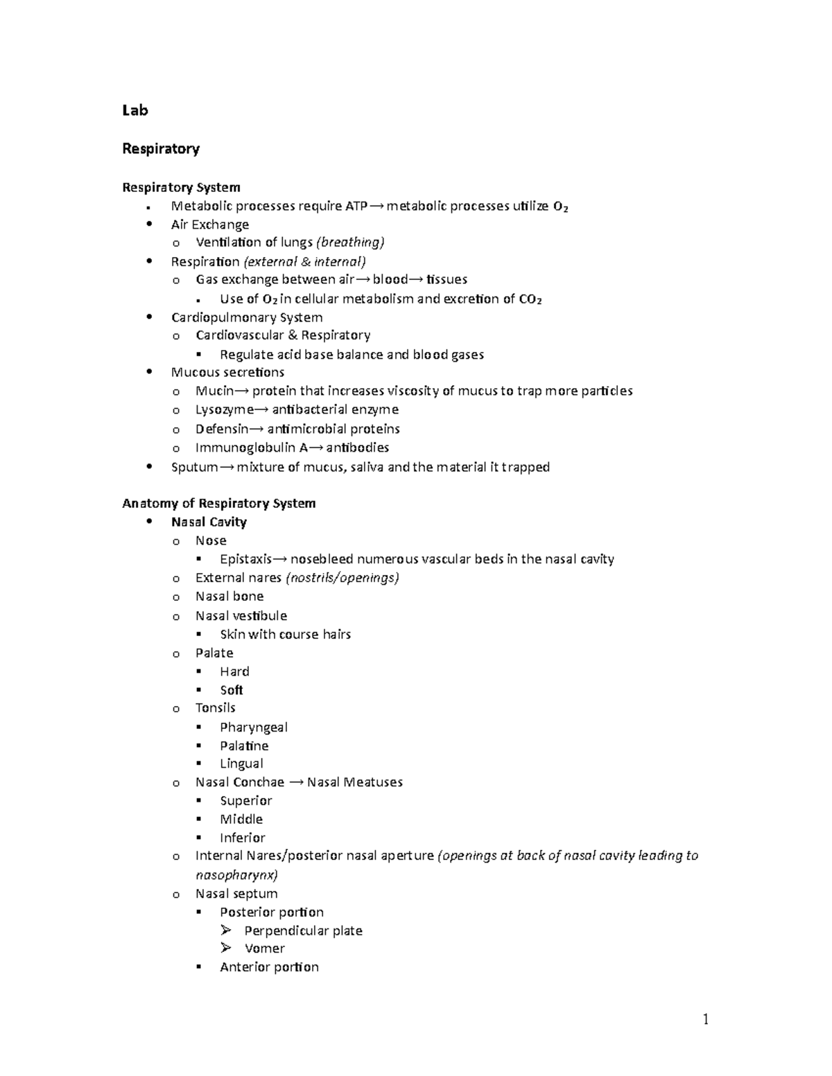 Respiratory System - Exam and quiz based on notes provided - Lab ...