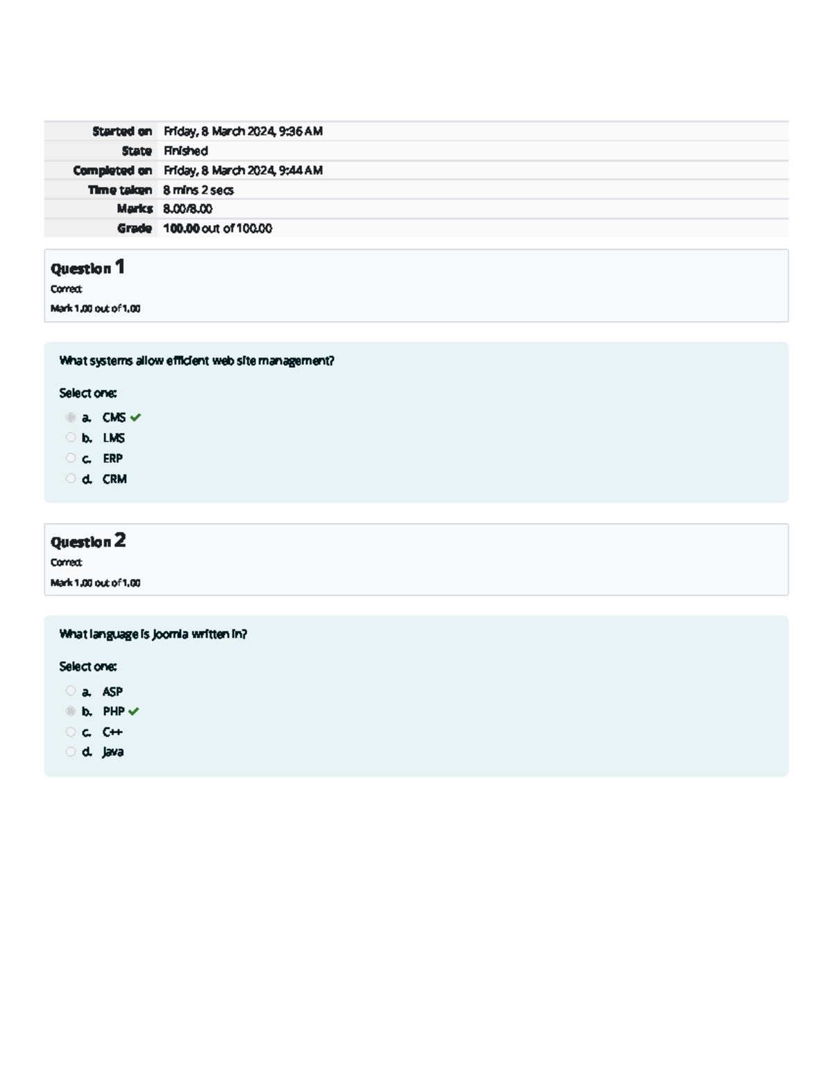 CS 3305 - 01 Self-Quiz Unit 6 Attempt review - Started on Friday, 8 March 2024, 9:36 AM State ...