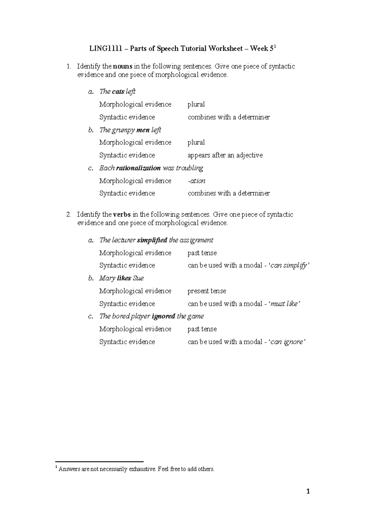 Ling111 1 W5 Tute Solution Ling1111 Parts Of Speech Tutorial Worksheet Week 5 1 Identify