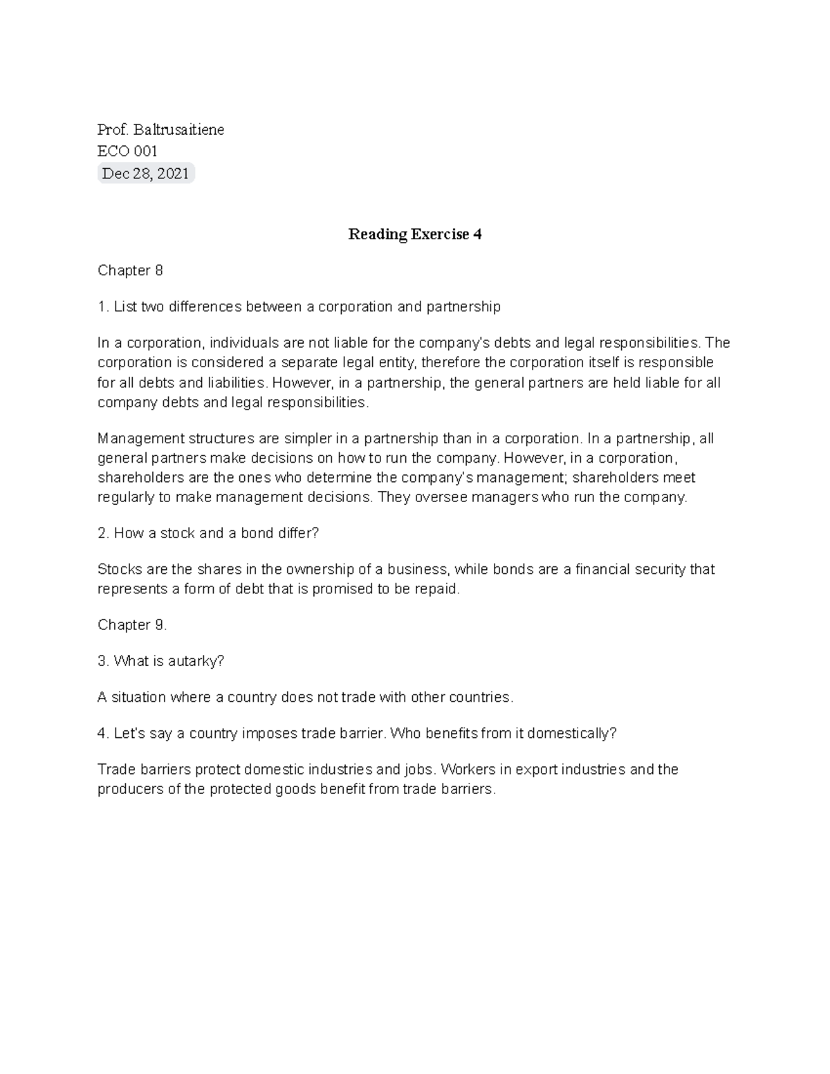 Eco Reading Exercise 4 - Prof. Baltrusaitiene ECO 001 Dec 28, 2021 ...