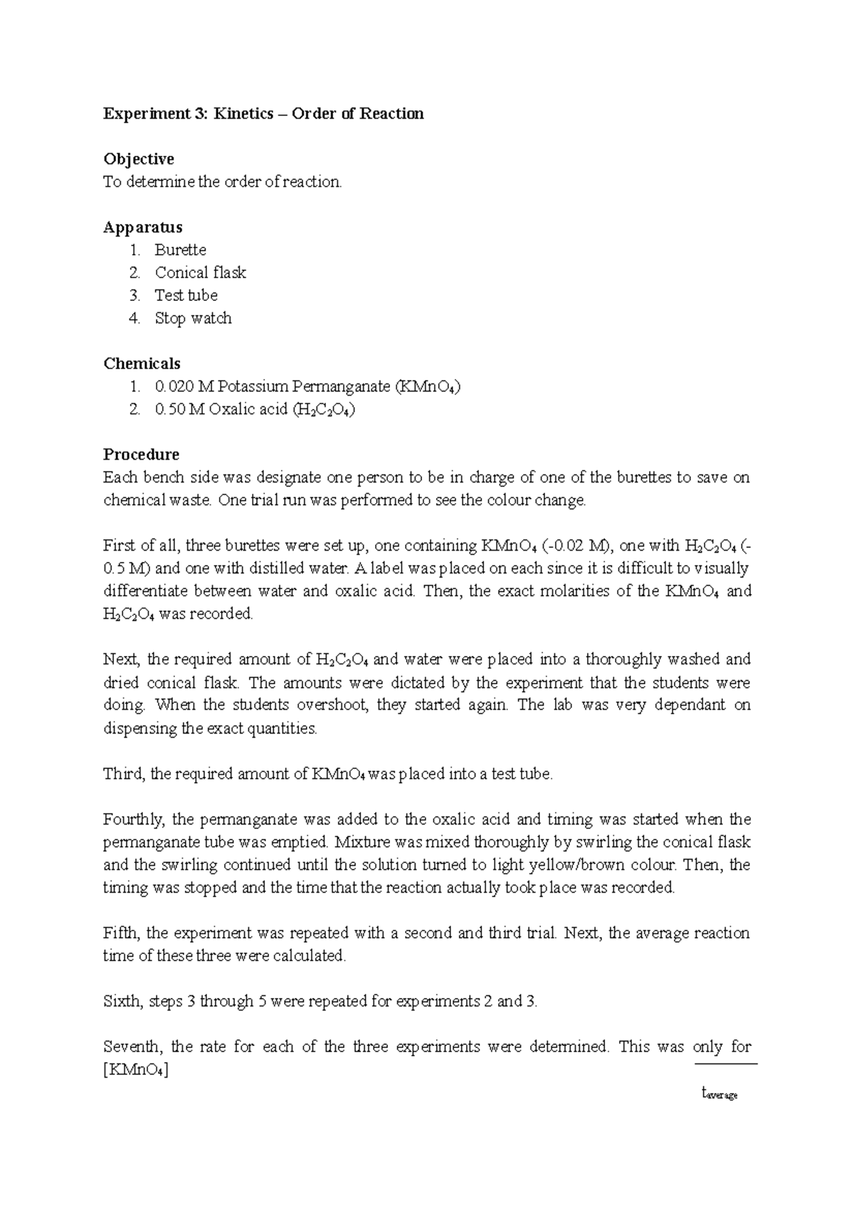 CHM432 - Experiment 3: Kinetics: Order of Reaction - Experiment 3 ...