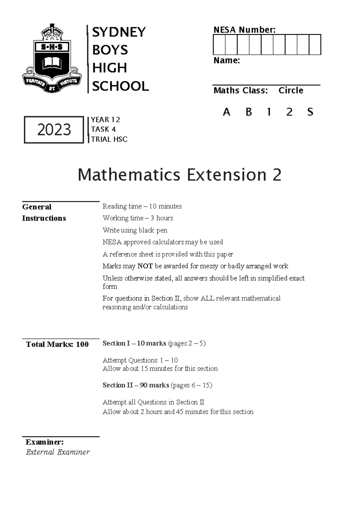 Sydney Boys 2023 4U Trials & Solutions - SYDNEY BOYS HIGH SCHOOL YEAR ...